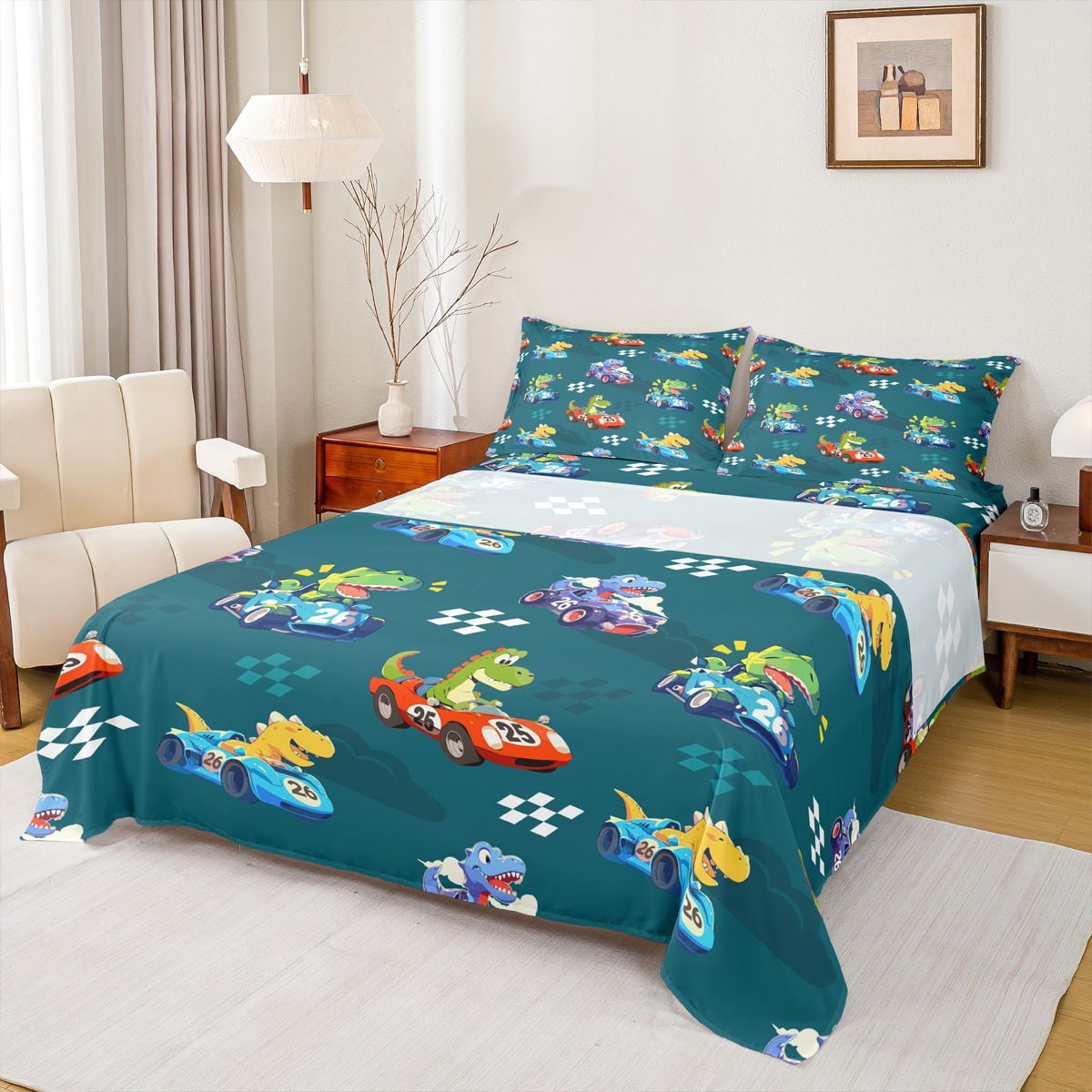 Homewish Cartoon Race Car Twin Sheet Sets,Kawaii Wild Dinosaur Twin ...