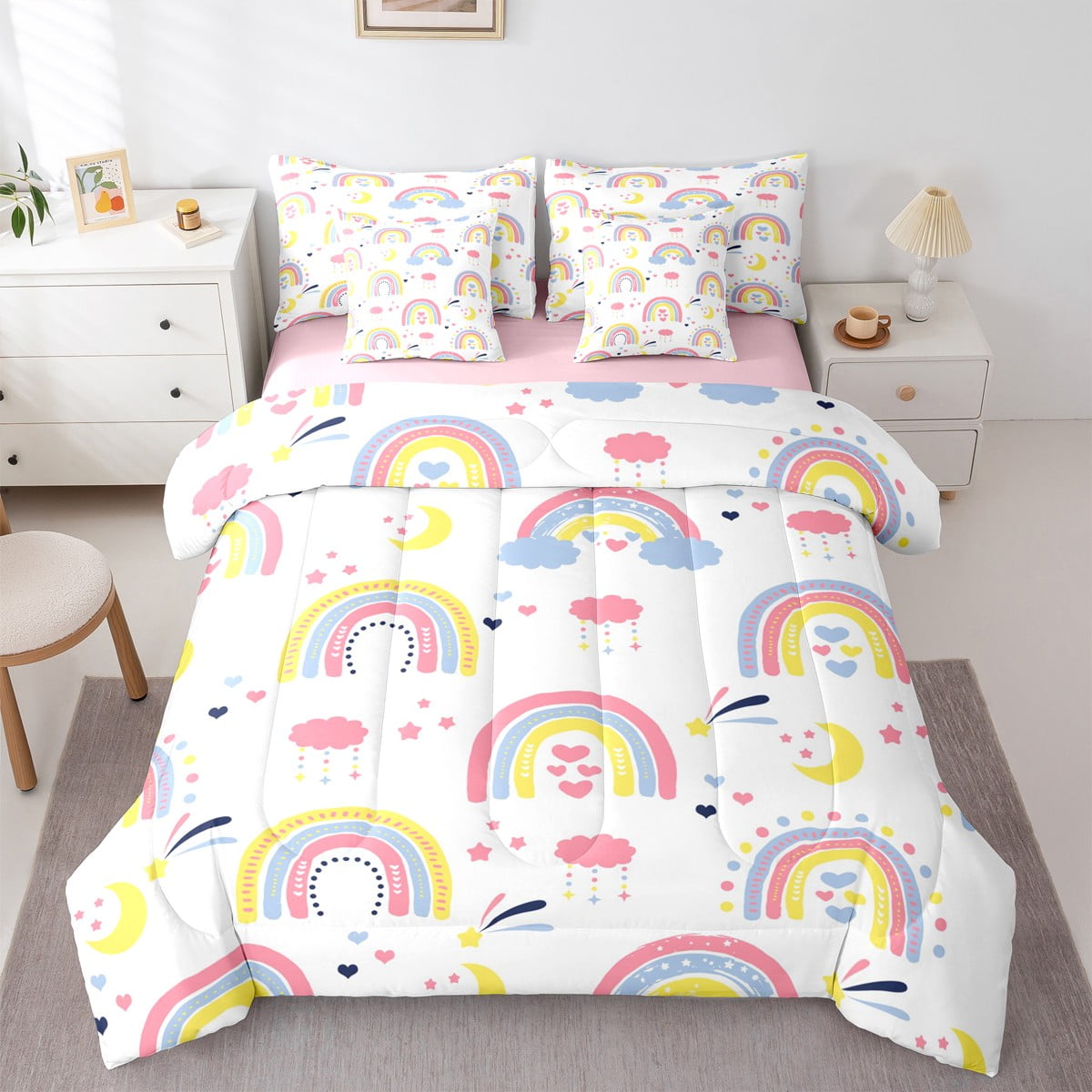 Homewish Cartoon Rainbow Bedding Comforter Set 7 Pieces for Preppy Kids ...