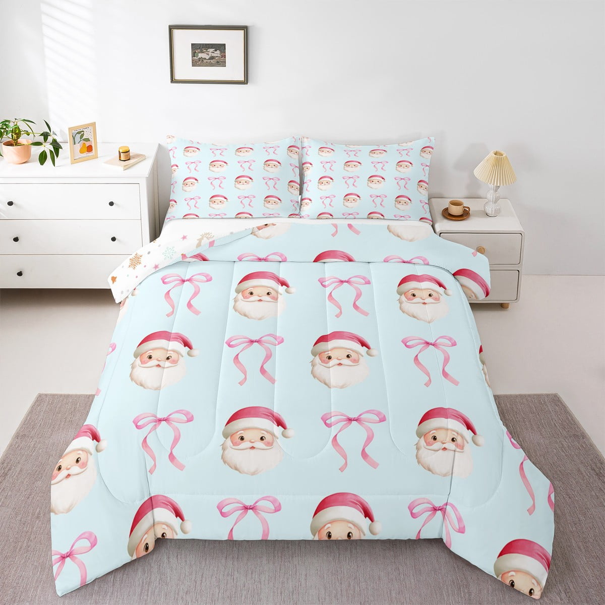 Homewish Cartoon Ribbon Bow Bedding Comforter Set for Kid, Kawaii Santa ...