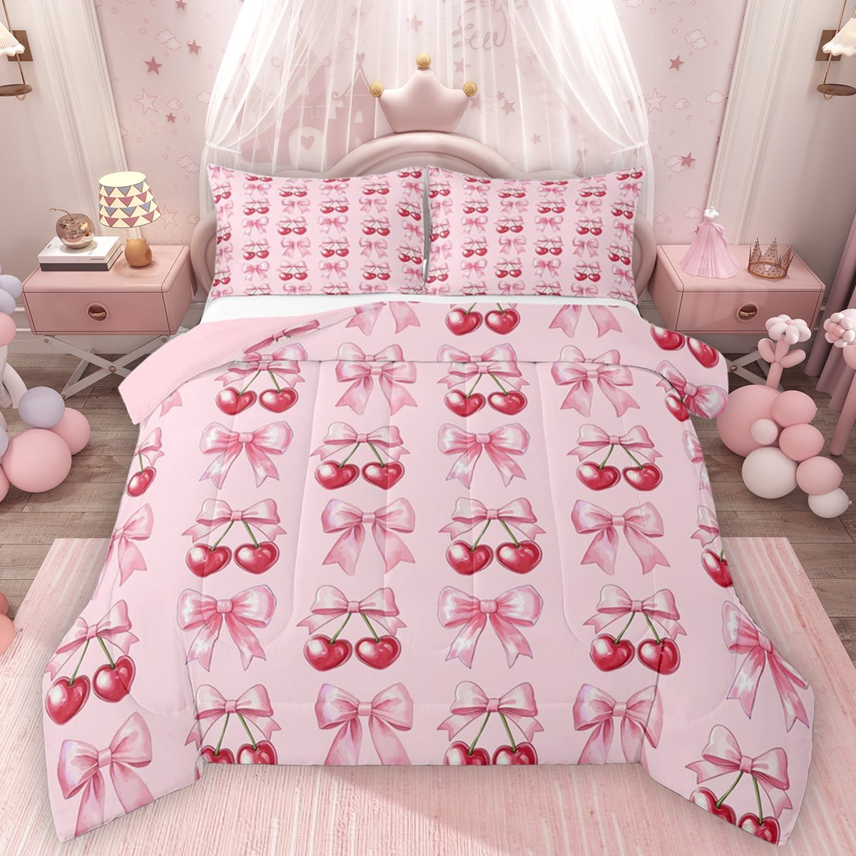 Homewish Cartoon Ribbon Bow Full Size Comforter Sets,Cute Loves Cherry ...