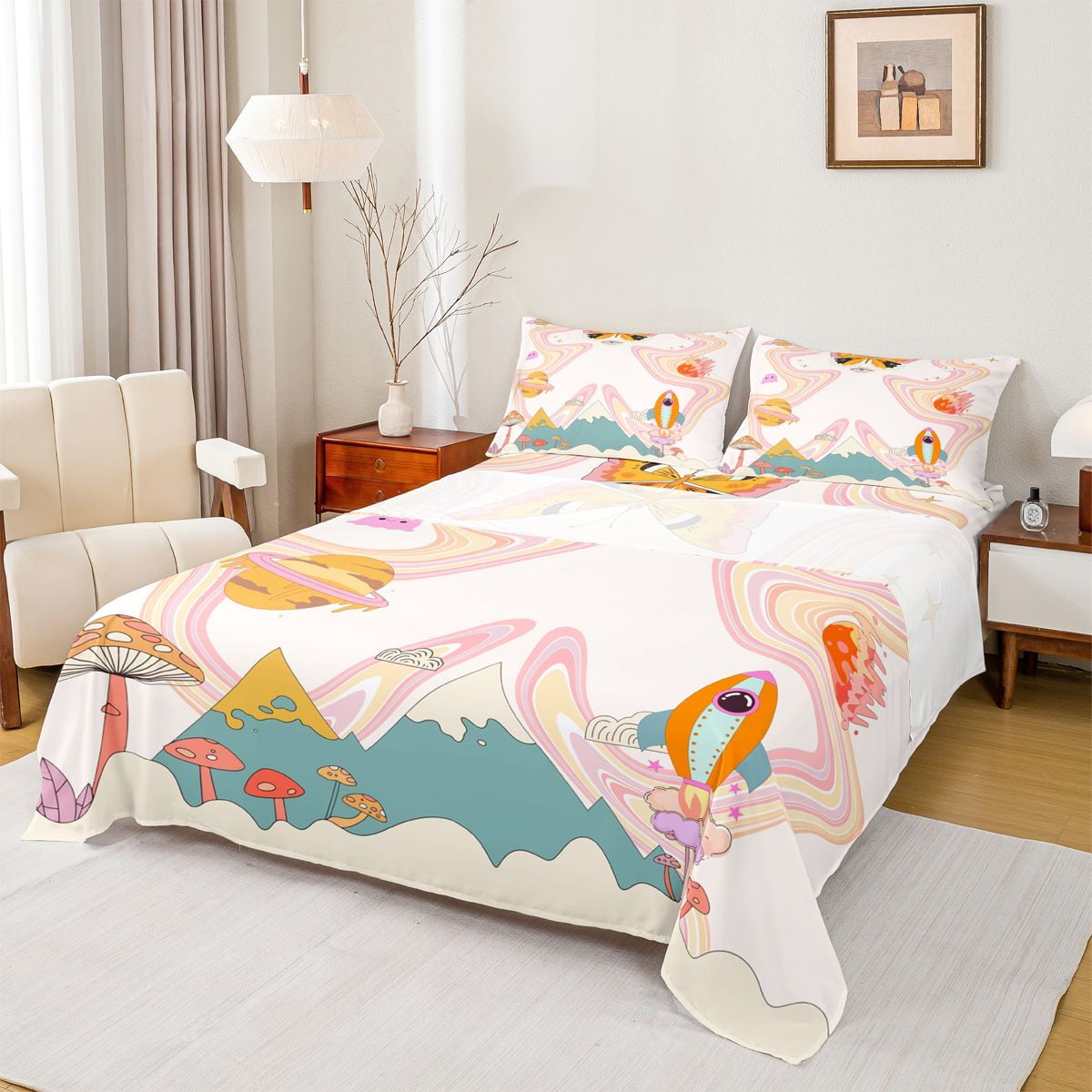 Homewish Cartoon Rocket Planet Bed Sheets,Cute Mushroom King Sheets ...