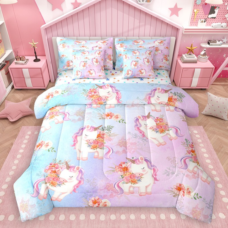 Homewish Cartoon Rose Unicorn 7 Pieces Bedding Comforter Set for Kids ...
