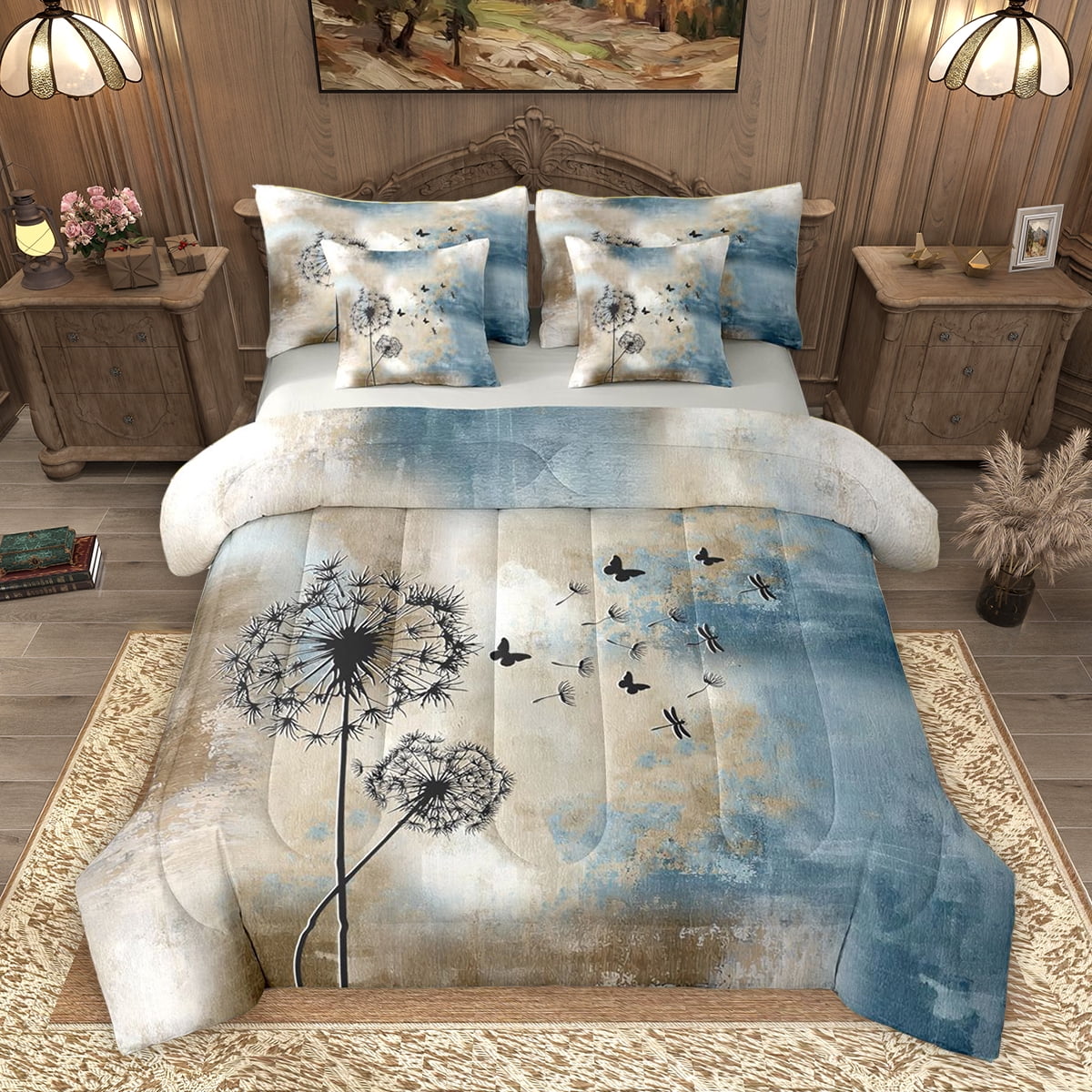 Homewish Cartoon Rustic Dandelion Bedding Comforter Set 7 Pieces, Grey ...
