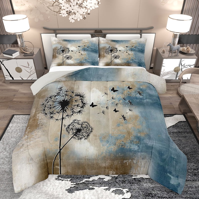 Homewish Cartoon Rustic Dandelion Queen Comforter Set, Grey Blue ...
