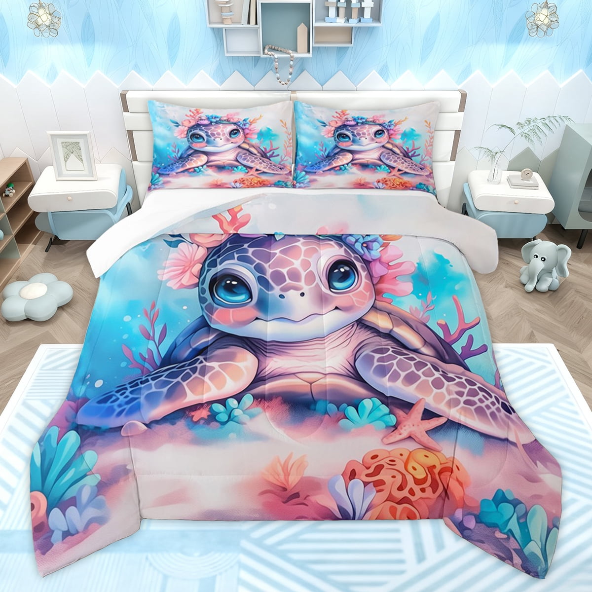 Homewish Cartoon Sea Turtle Bedding Comforter Set, Dreamy Sea Coral ...