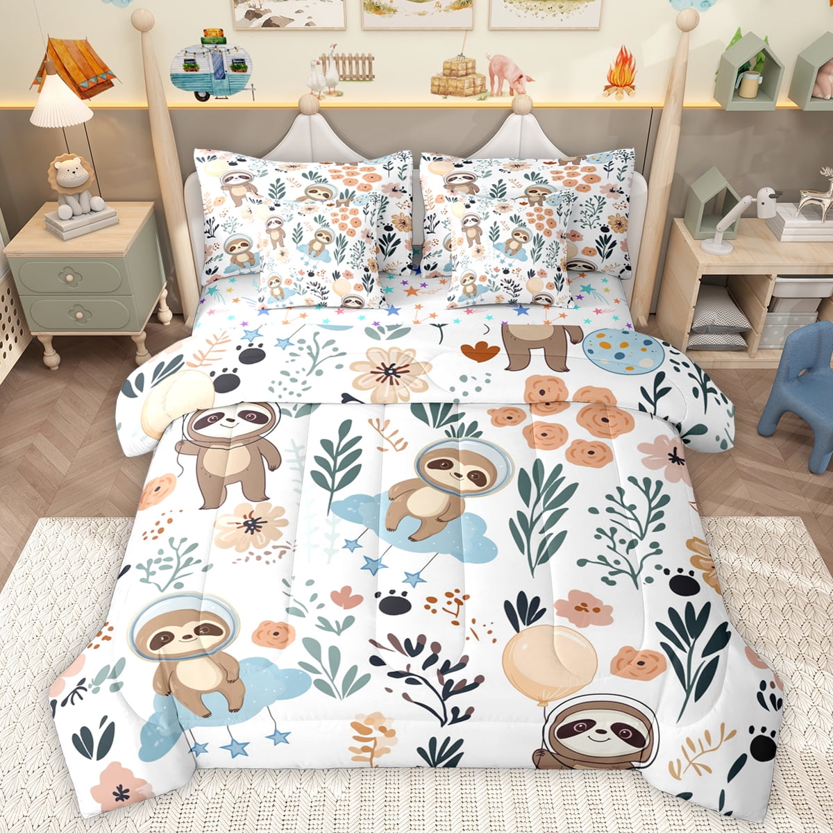 Homewish Cartoon Sloth 7-Piece Bedding Comforter Set,Rustic Flower Leaf ...