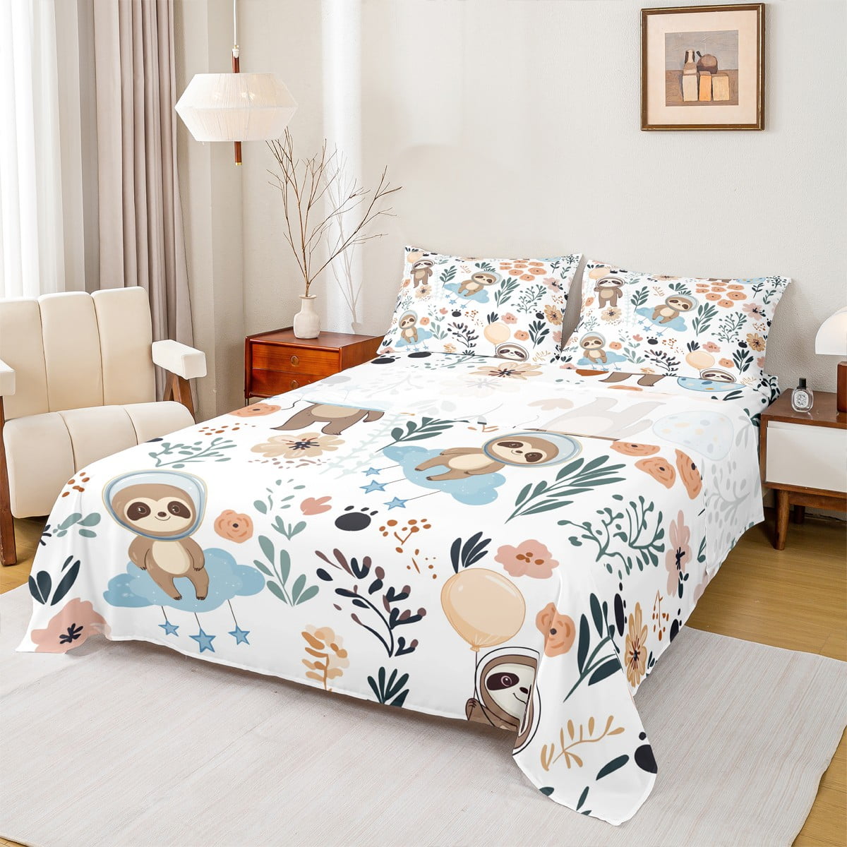 Homewish Cartoon Sloth Bed Sheets,Rustic Flower Leaf King Sheets,White ...