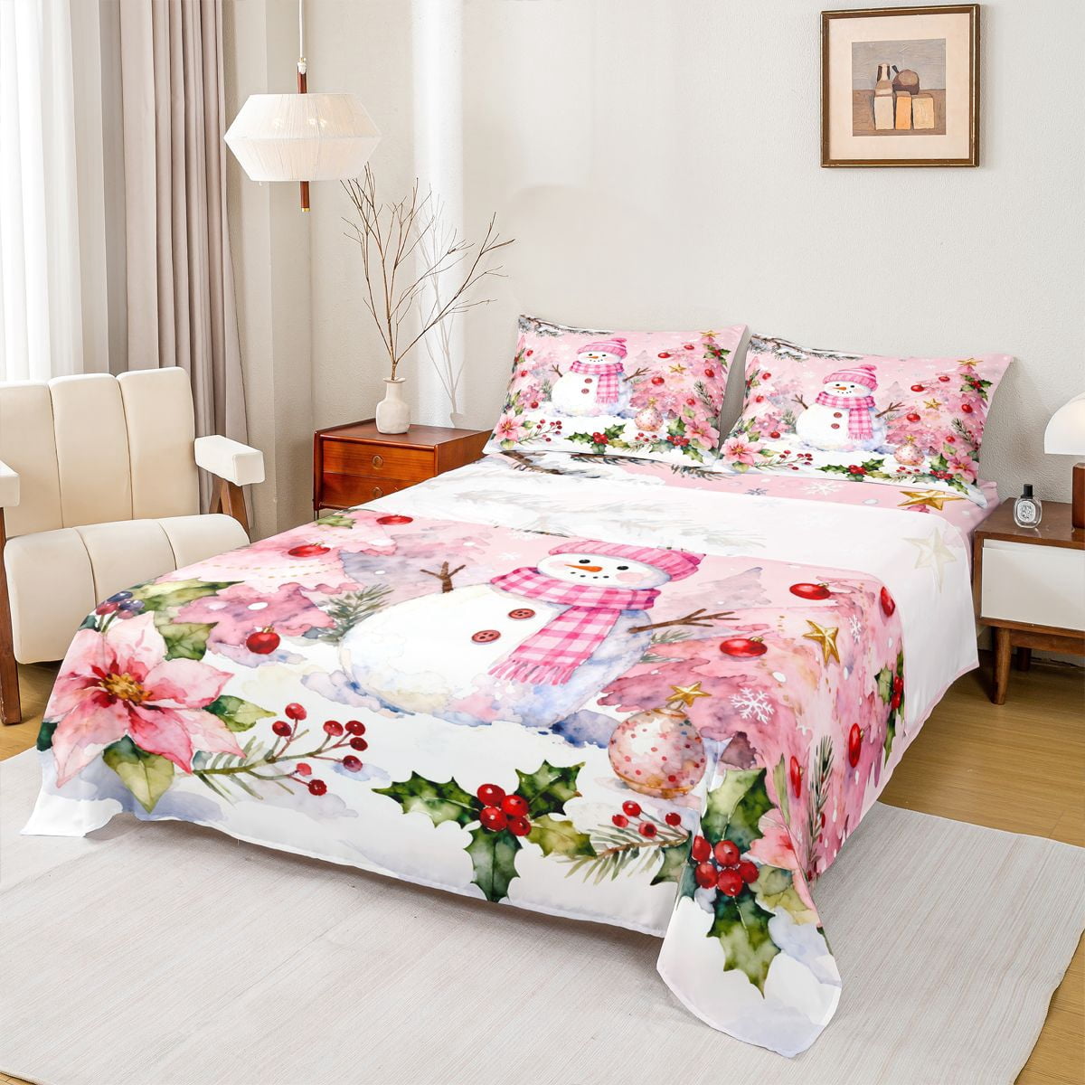 Homewish Cartoon Snowman Child Full Size Sheets, Pink Watercolor ...