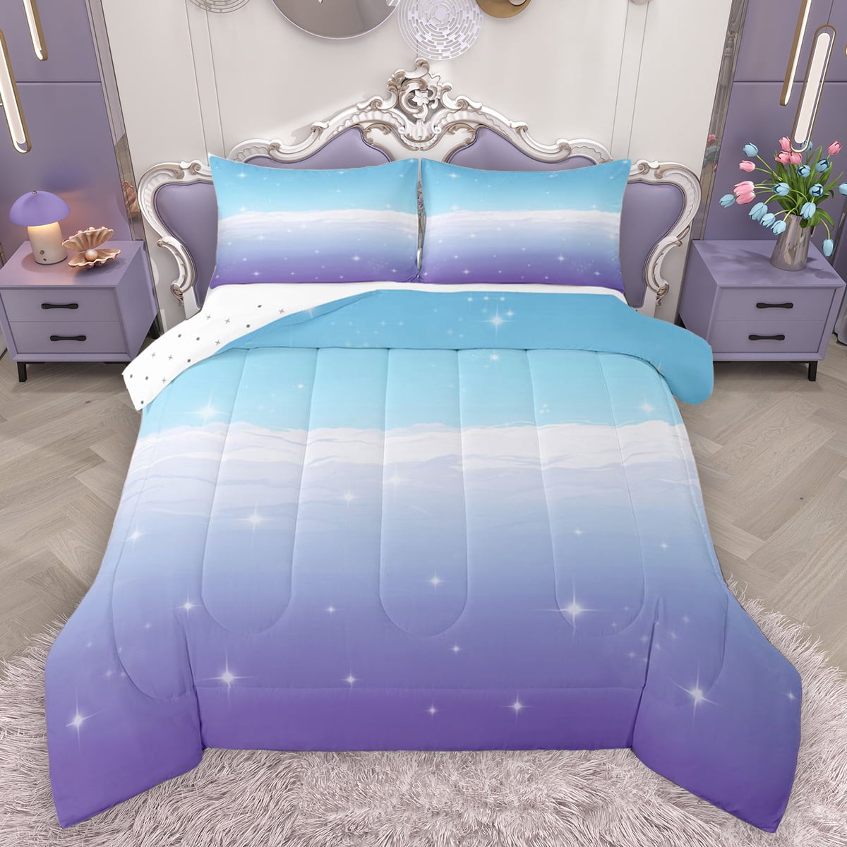 Homewish Cartoon Starry Night Bedding Comforter Set,Purple White Blue ...