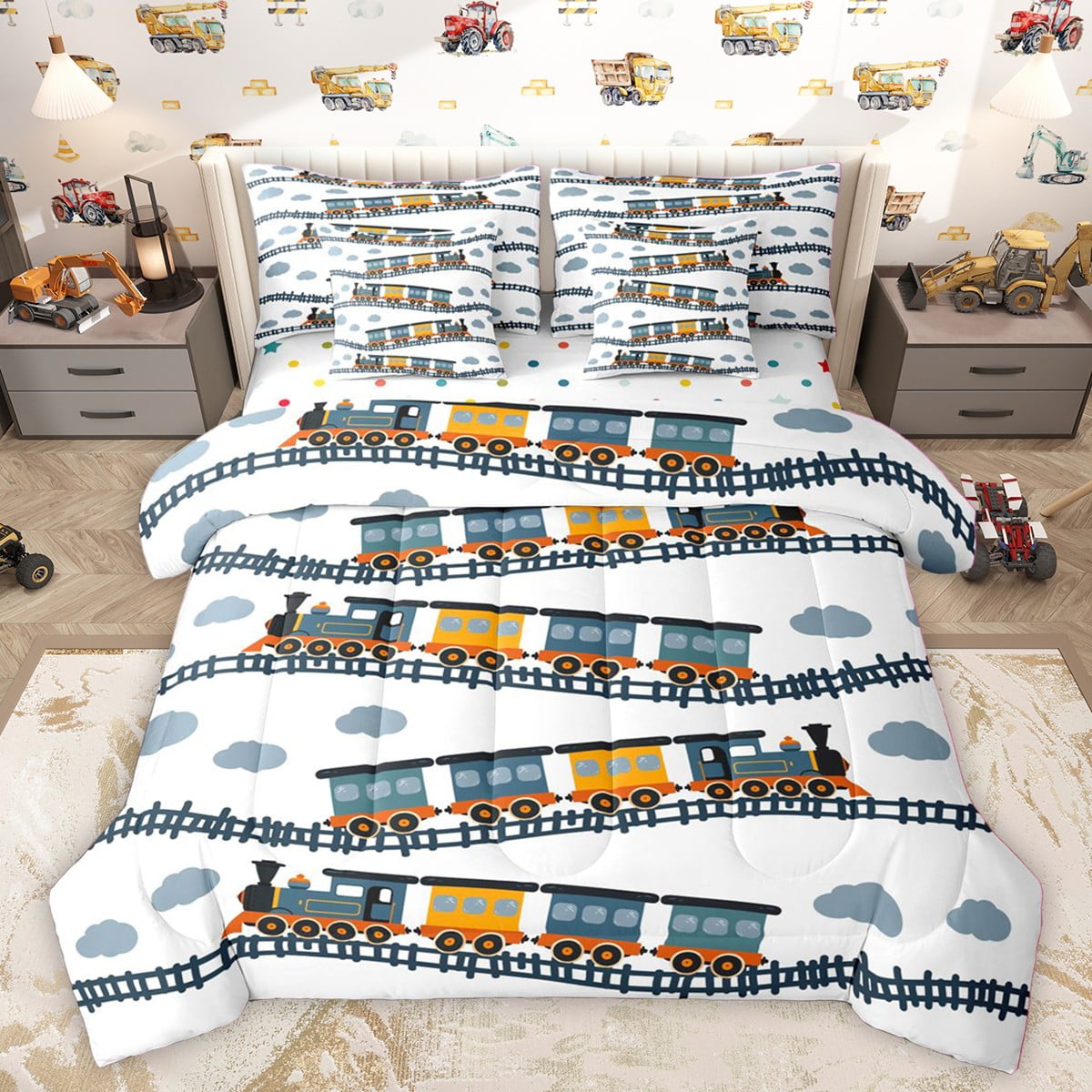 Homewish Cartoon Train Boy Bedding Comforter Set 7-Piece,Steam Engine ...