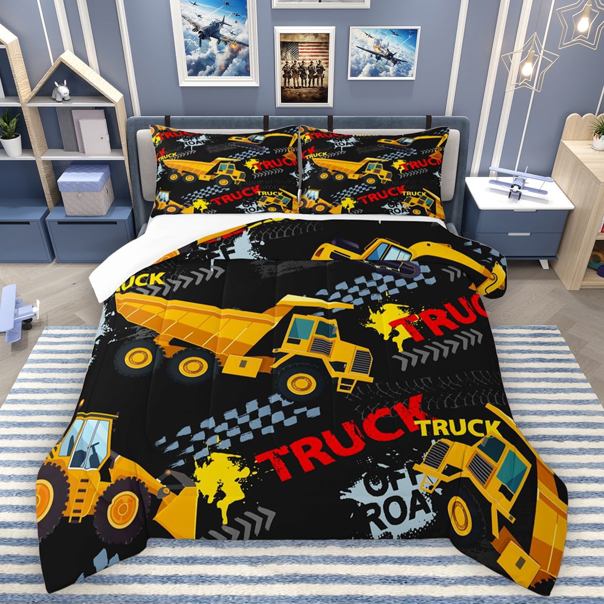 Homewish Cartoon Truck 3 Pieces Queen Comforter Set for Kids Children ...