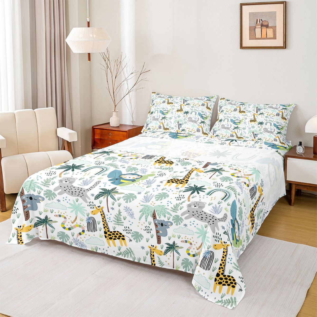 Homewish Cartoon Zoo Animal Twin Sheet Sets, Kawaii Cat Giraffe Koala ...