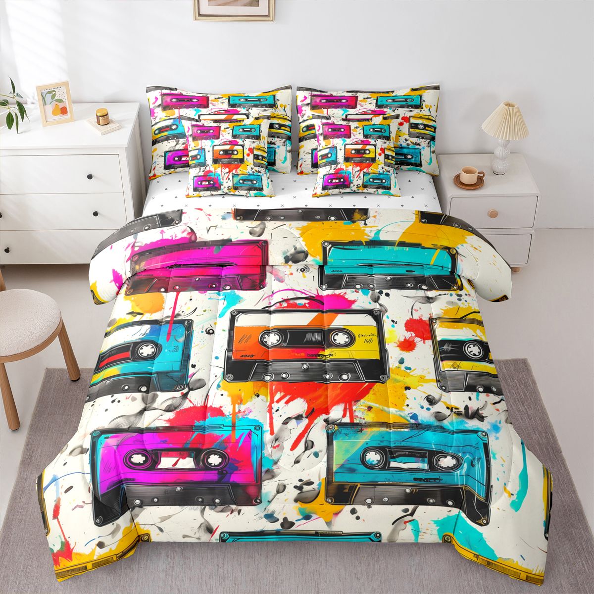 Homewish Cassette Tape Bedding Comforter Set 7pcs for Teens Boys Girls ...