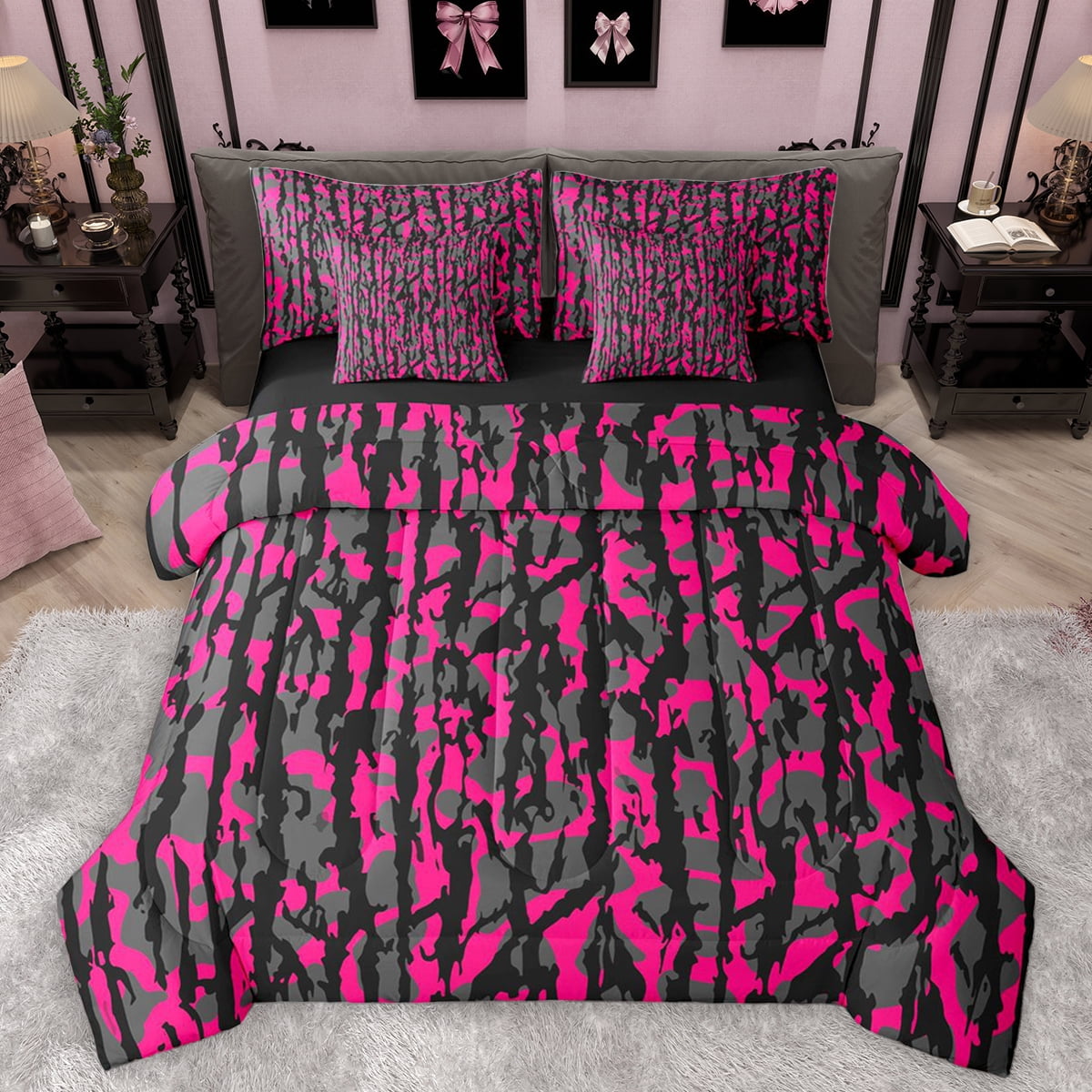 Homewish Cheetah Leopard 7-Piece Bedding Set, Rustic Farmhouse Pink ...