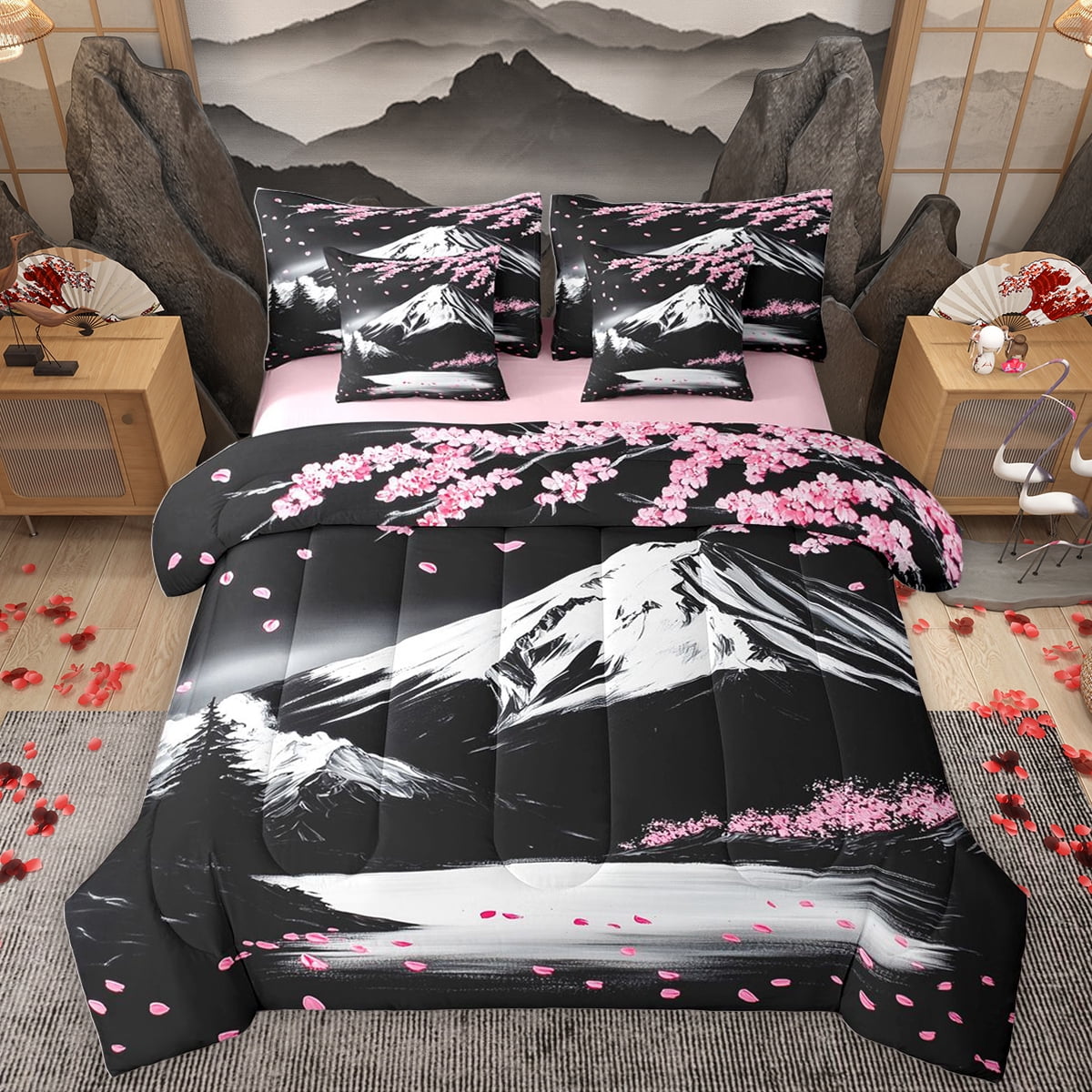 Homewish Cherry Blossom 7-Piece Bedding Comforter Set,Snow Mountain ...