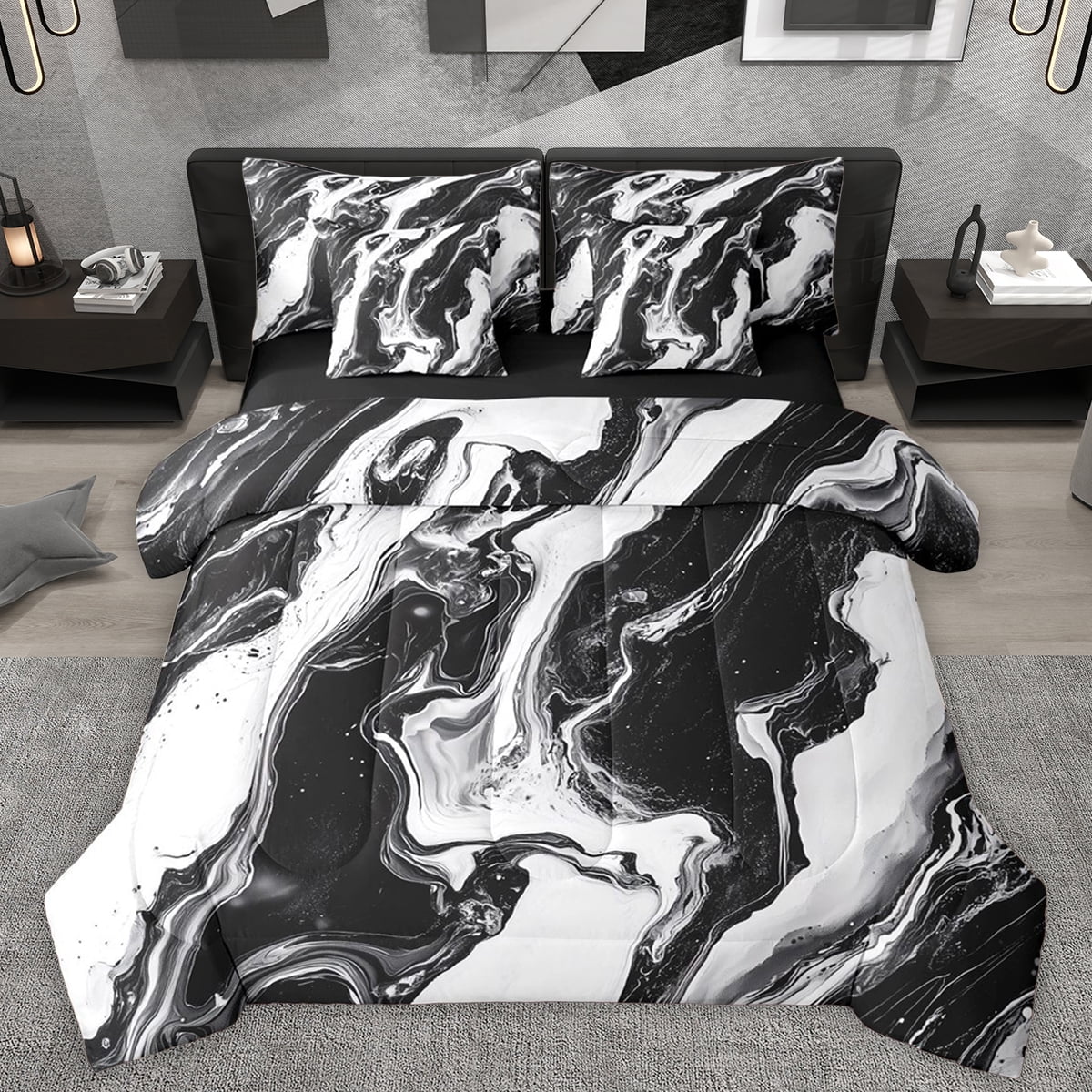 Homewish Chic Abstract Marble Bedding Comforter Set 7pcs, Modern ...