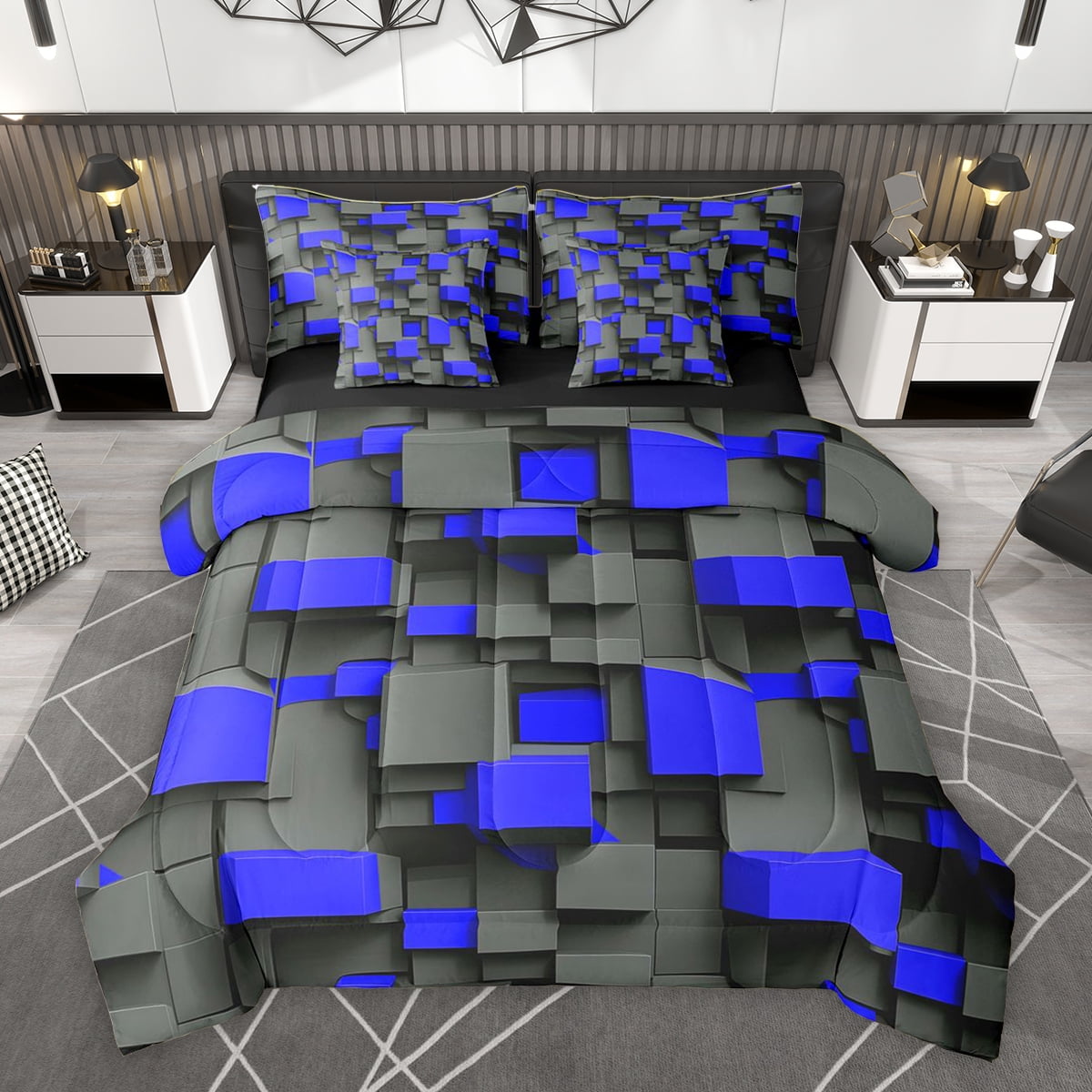 Homewish Chic Blue Square Bedding Comforter Set 7 Pieces for Adult ...