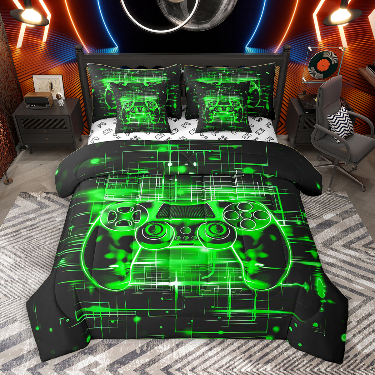 Homewish Chic Game Console Twin Bedding Sets 7-Piece, Black Green ...