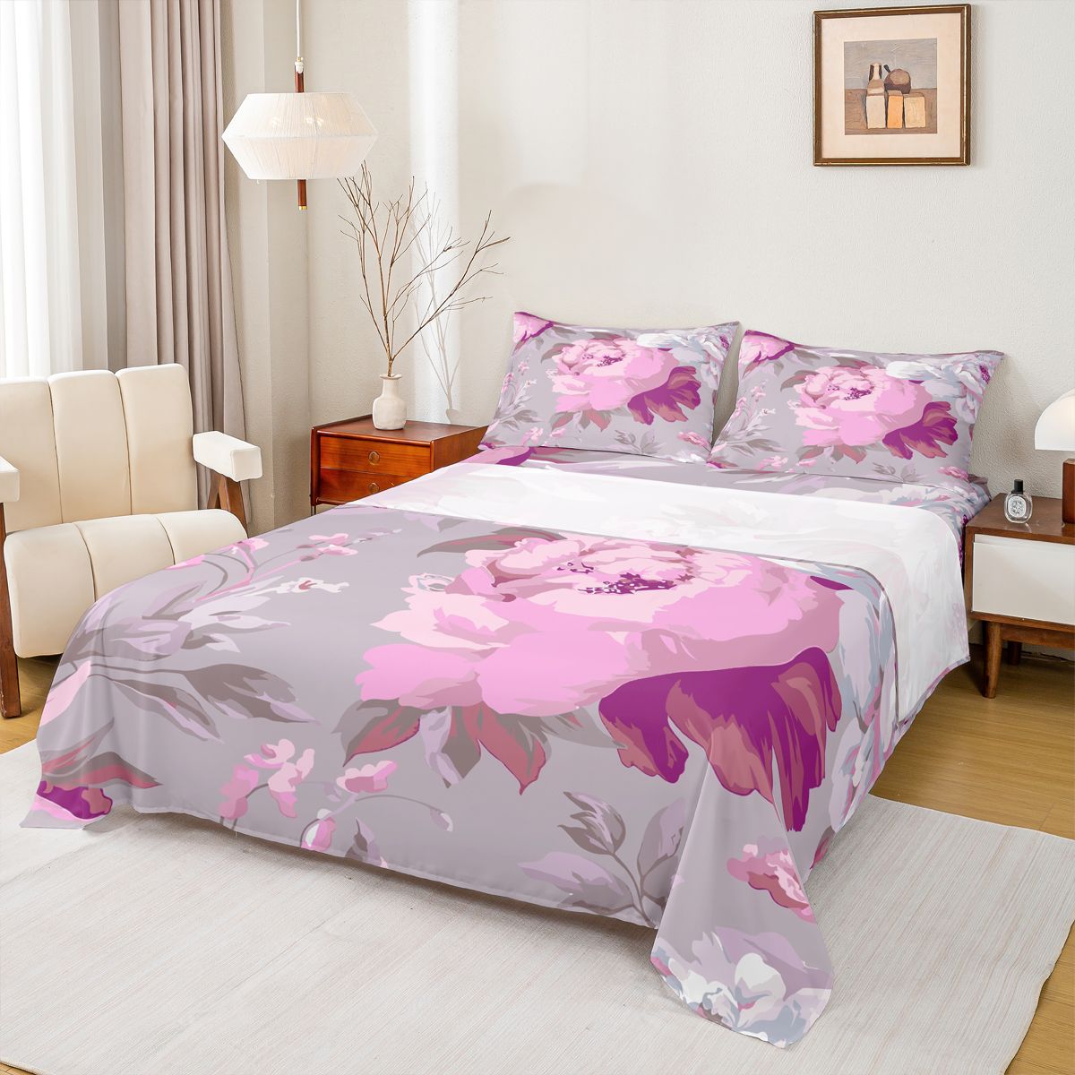 Homewish 4pcs Rose Floral Queen Sheet Set, Plum Pink Watercolor French ...