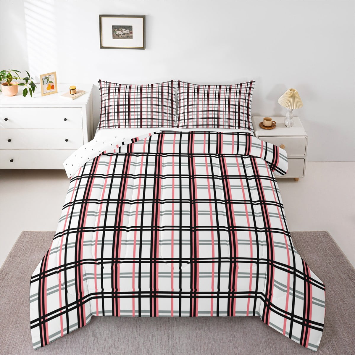 Homewish Chic Square Abstract Full Size Comforter Sets for Adult, White ...