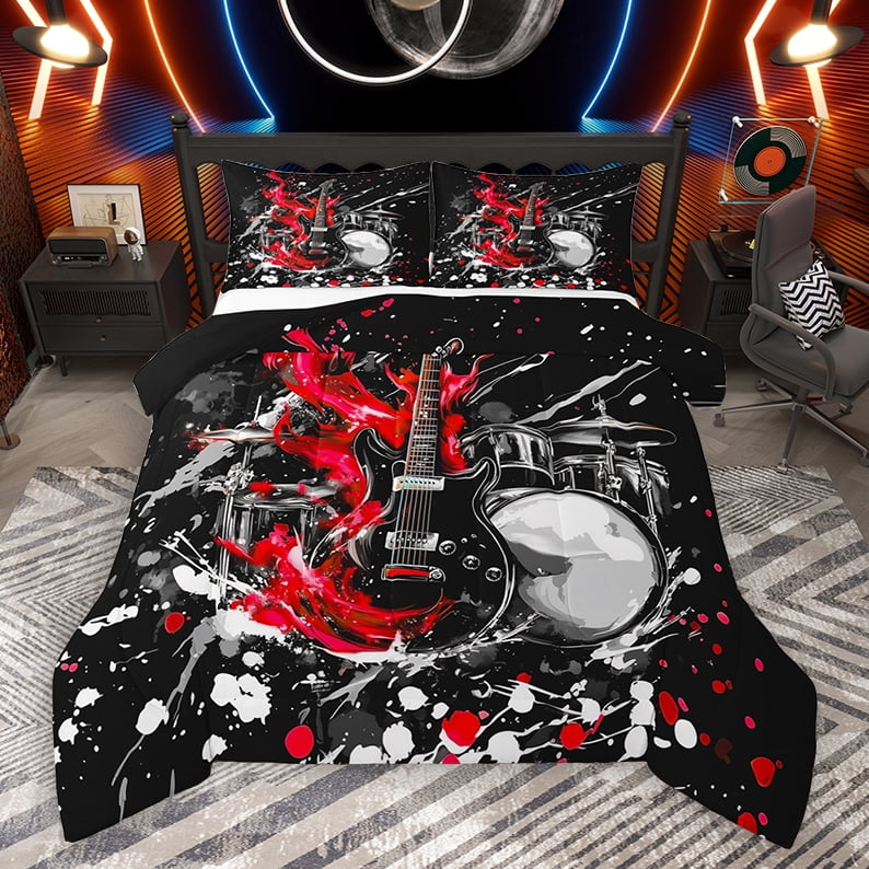 Homewish Child Guitar Music Queen Comforter Set, Splash Artwork Bedding ...