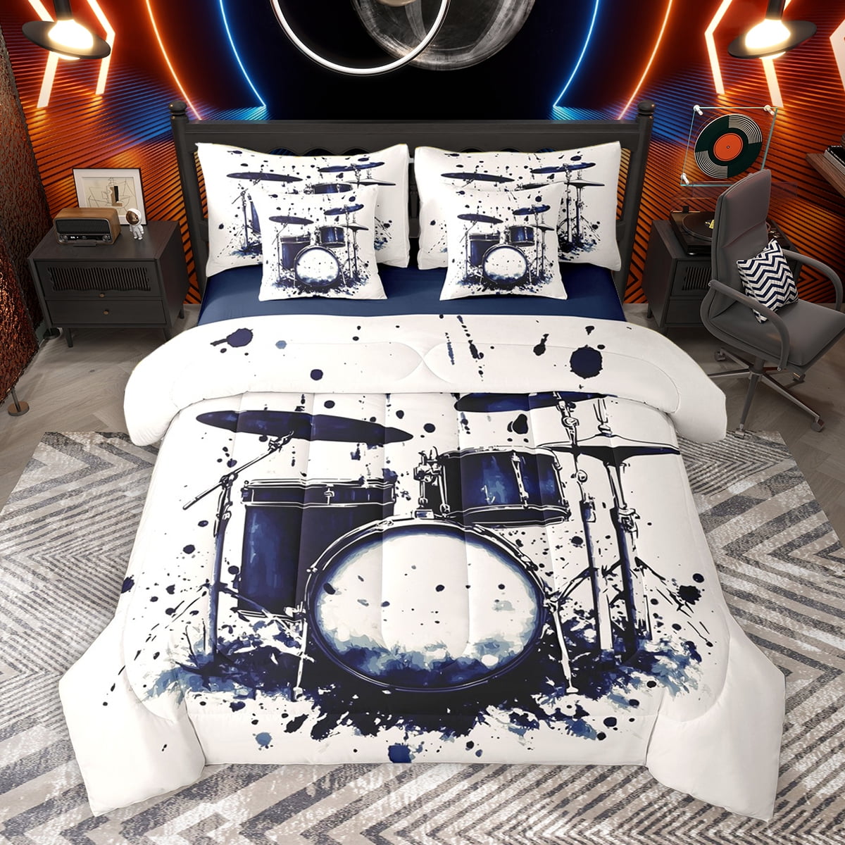 Homewish Child Watercolor Drum Twin Bedding Sets 7-Piece, Modern Music ...