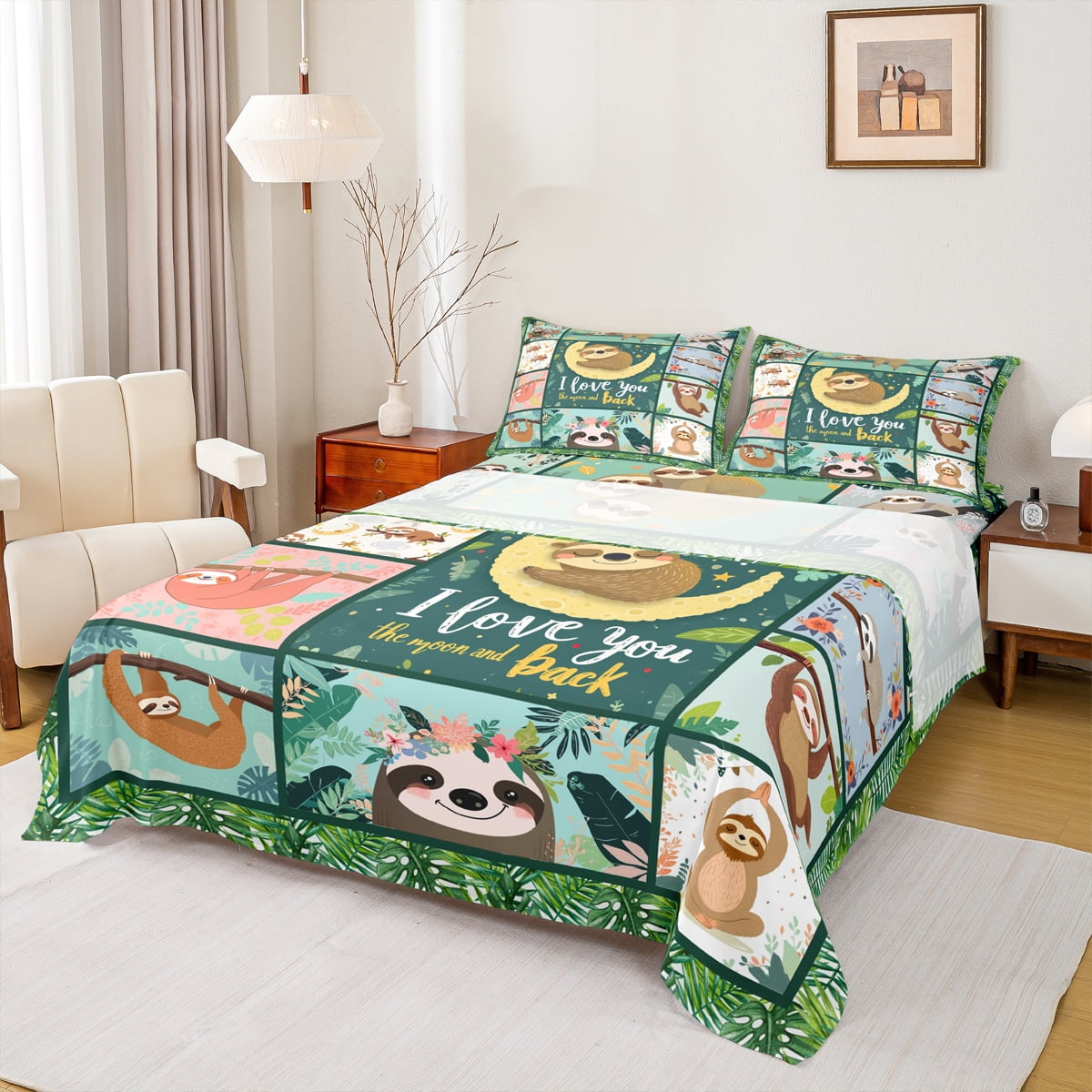 Homewish Children Kawaii Sloth 4-Piece Full Size Sheets,Botanical ...