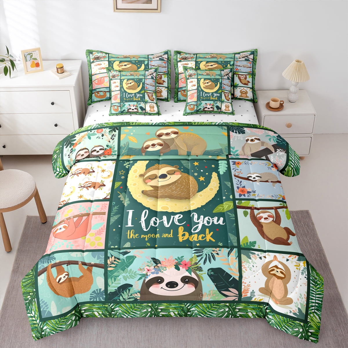 Homewish Children Kawaii Sloth 7-Piece Bedding Comforter Set,Botanical ...