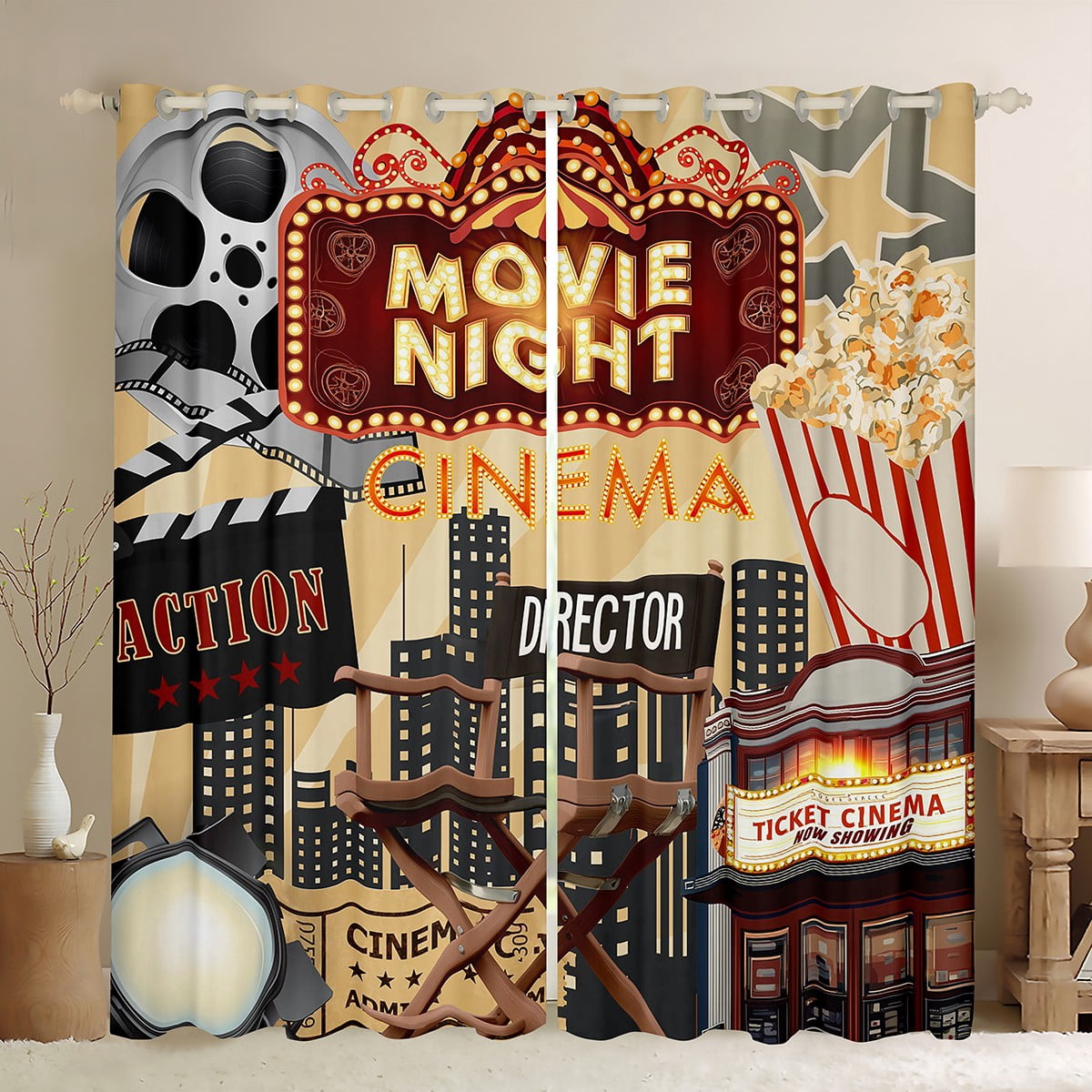 Homewish Cinema Ticket Blackout Curtains Set of 2 (52x84 Each),Movie ...