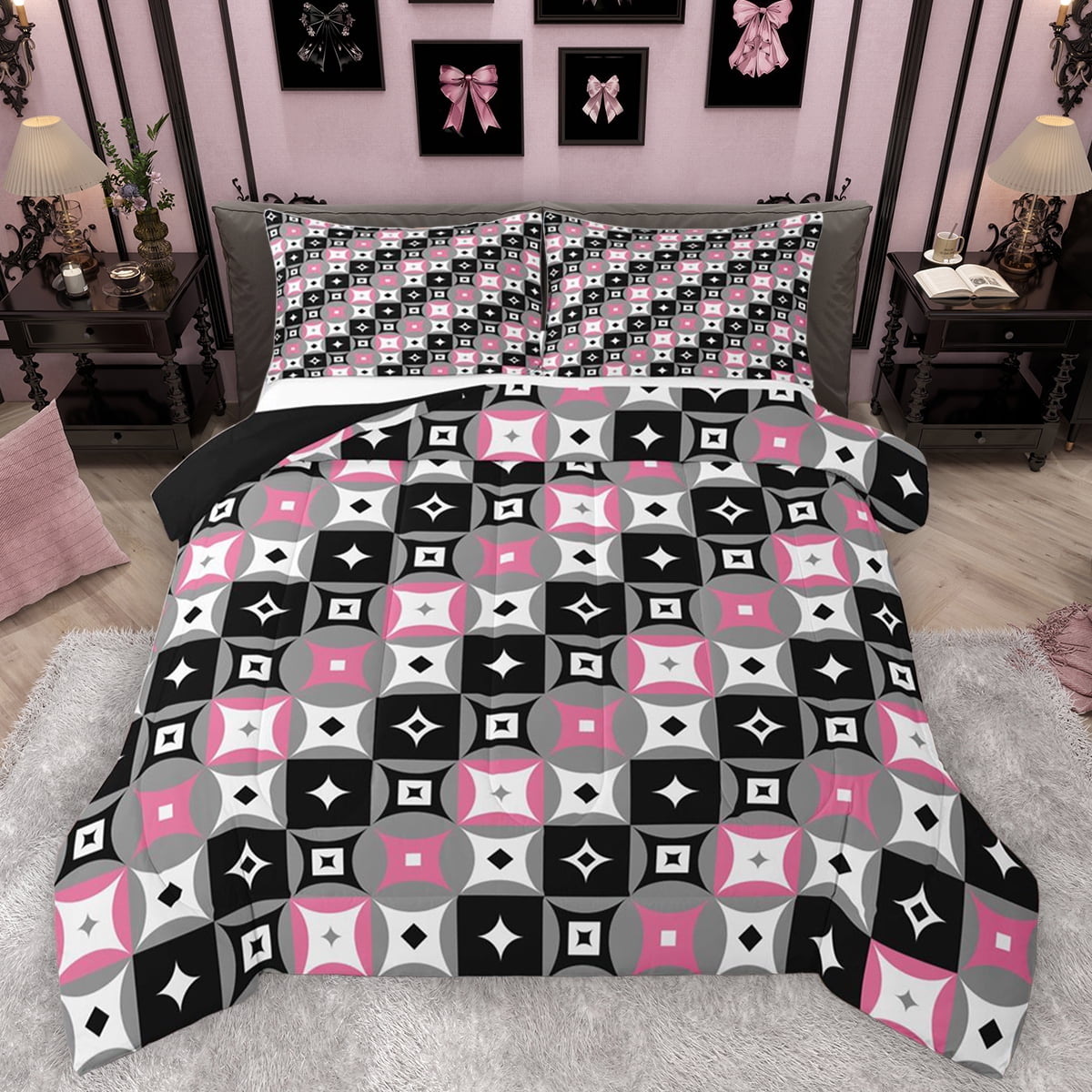 Homewish Circle Checkered Rhombus Queen Comforter Set,Modern Geometric ...