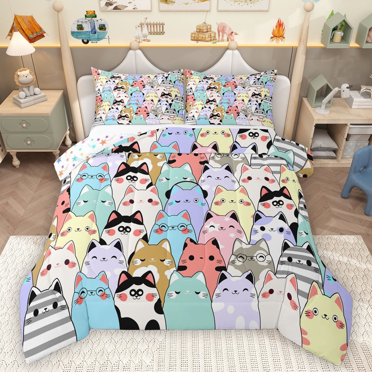 Homewish Colorful Cartoon Cat Bedding Comforter Set,Cute Funny Kitten ...