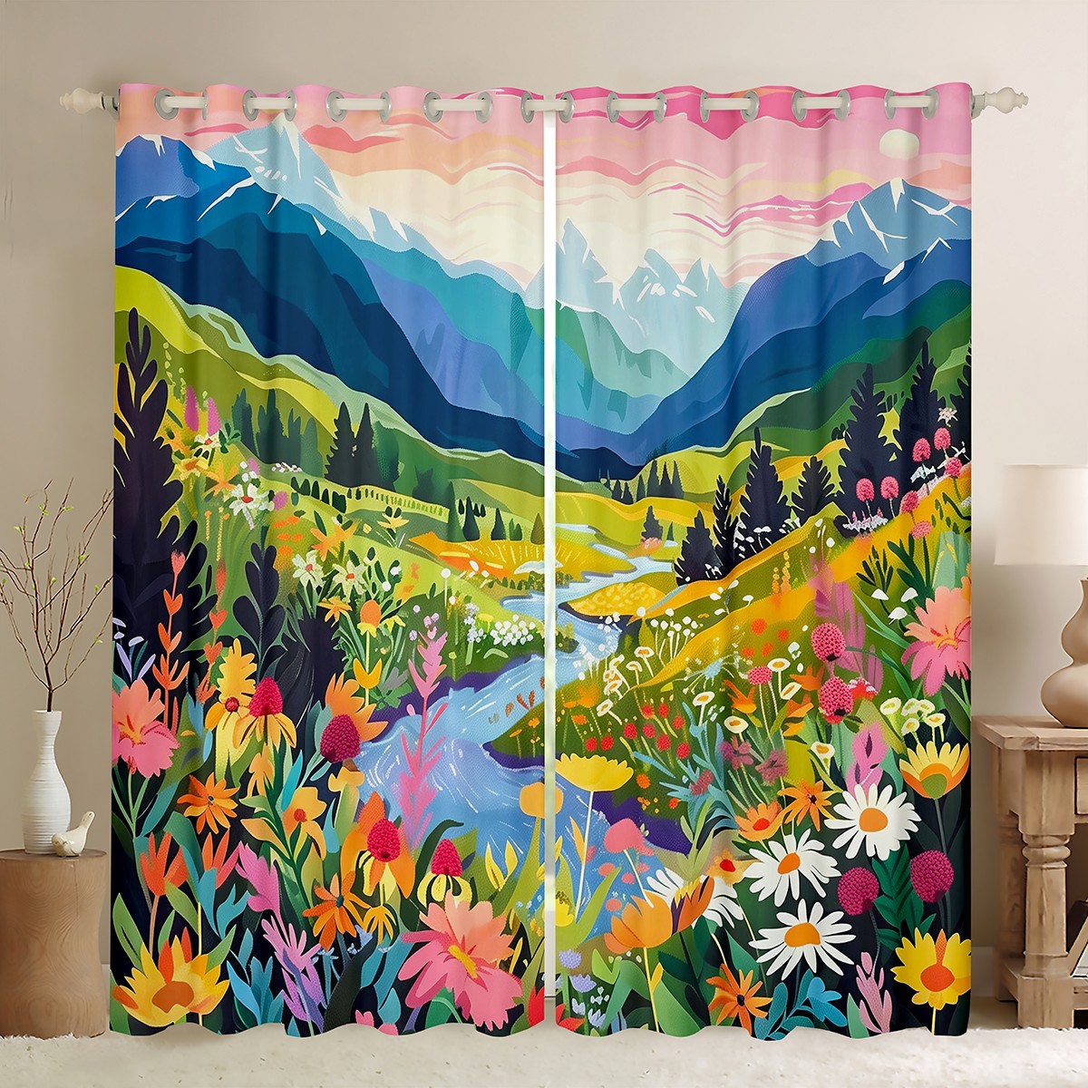 Homewish Colorful Cartoon Flower Blackout Curtains Set of 2 (52x84 Each ...