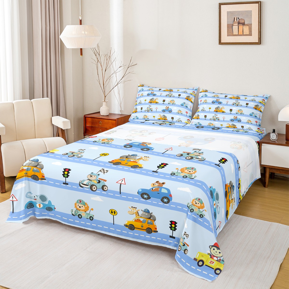Homewish Colorful Cute Car Queen Sheet Sets,Cartoon Giraffe Lions Flat ...