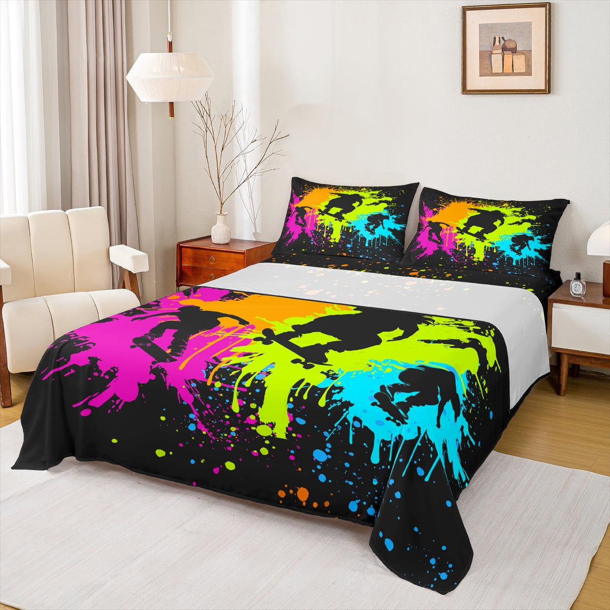 Homewish Colorful Splash Ink Bed Sheets,Boys Skateboard King Sheets ...