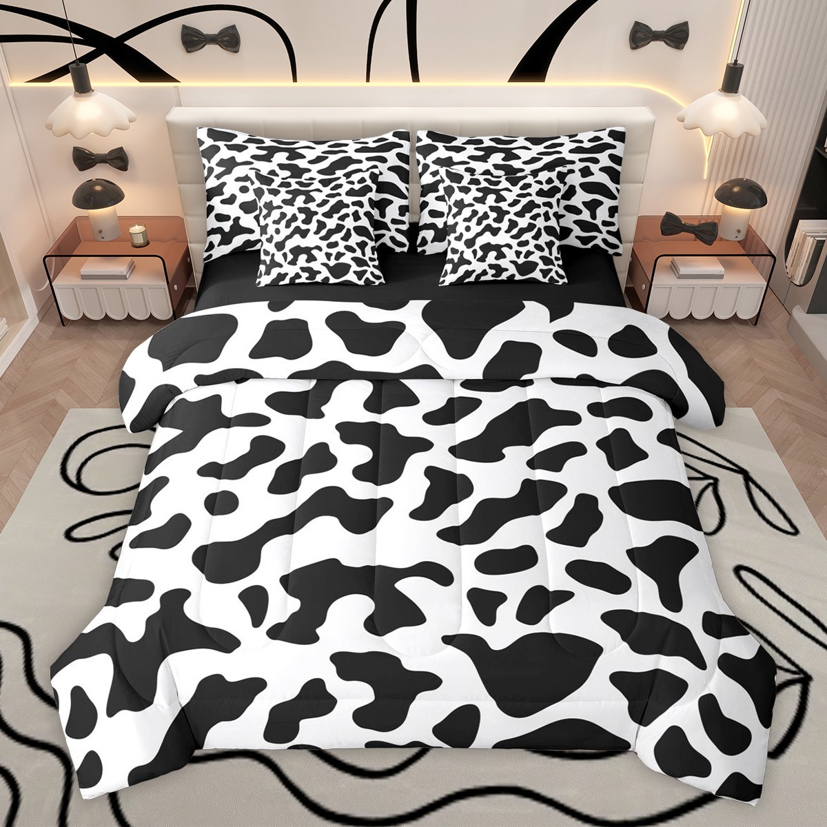 Homewish Cow Print Bedding Comforter Set 7pcs for Boys Girls,Black ...