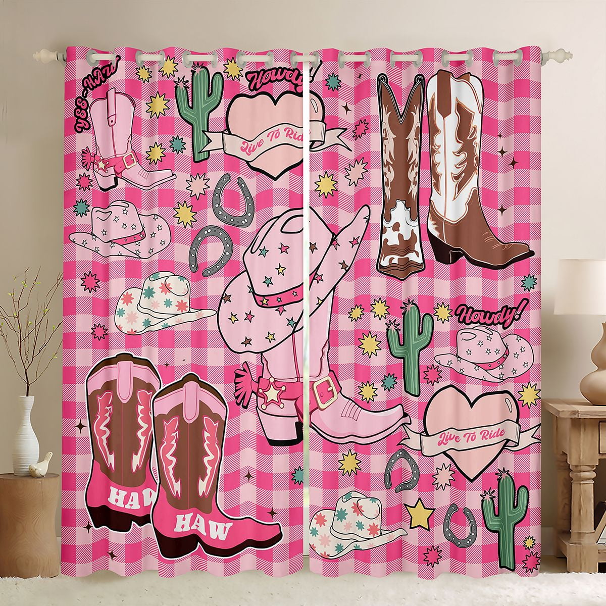 Homewish Cowhide Print Cowgirl Boot Blackout Curtains Set of 2 (52x84 ...