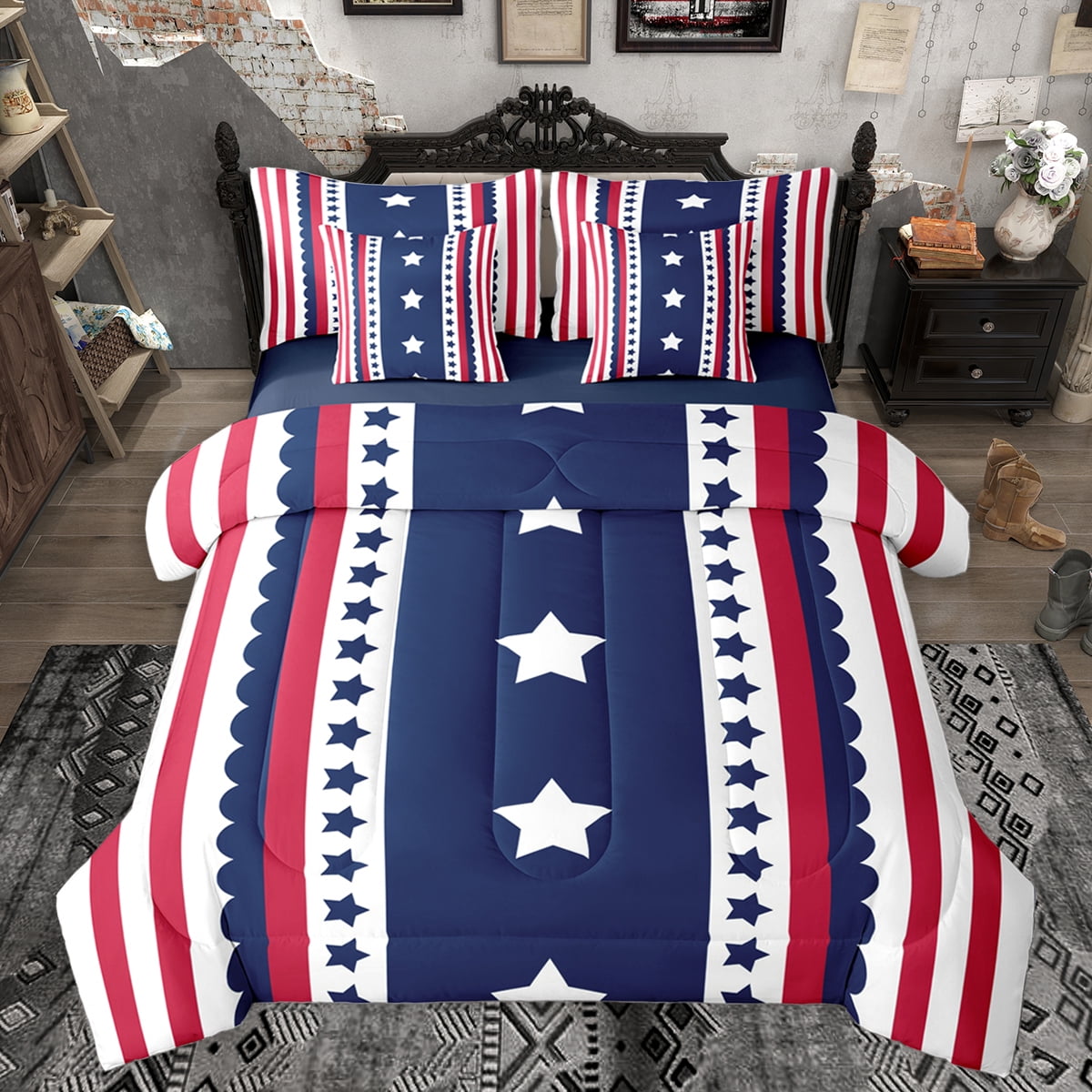 Homewish Cute American Stars Bedding Comforter Set 7 Pieces, Navy Red ...