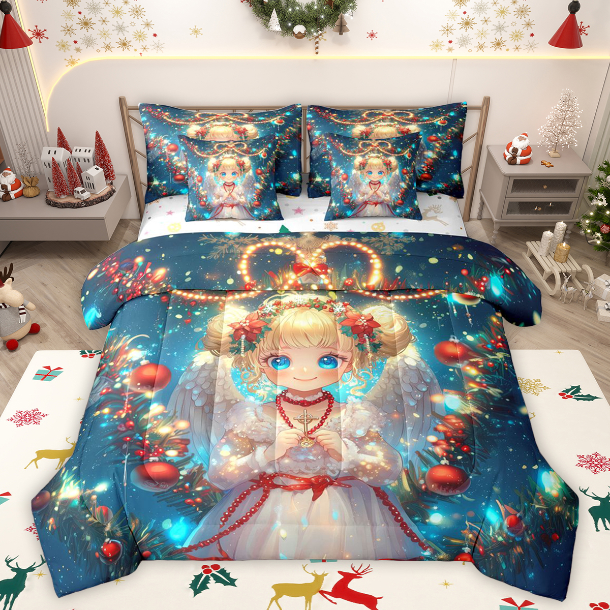 Homewish Cute Anime Girl 7pcs Bedding Comforter Set,Red Christmas Ball ...