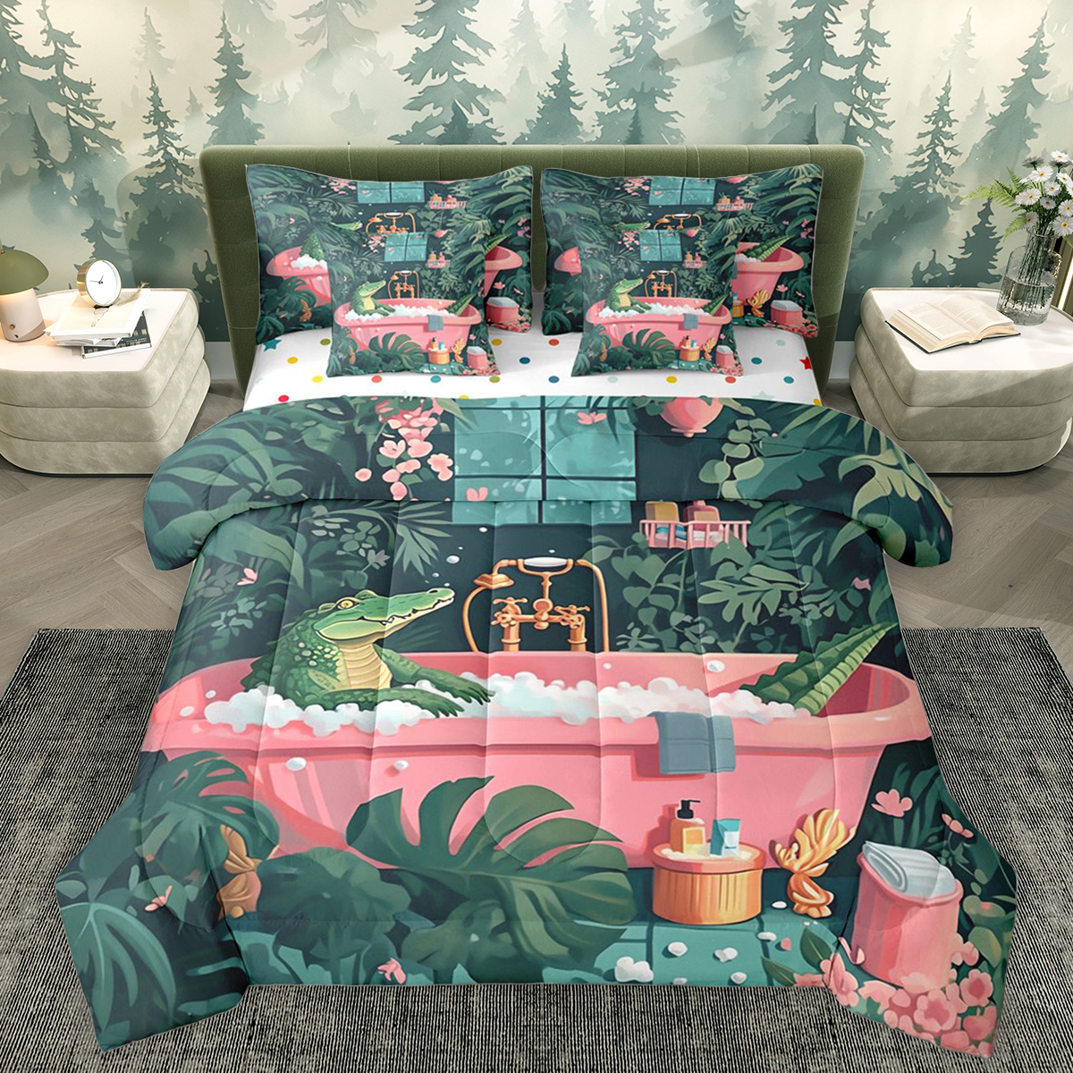 Homewish Cute Bathing Crocodile Bedding Comforter Set for Kids, Kawaii ...