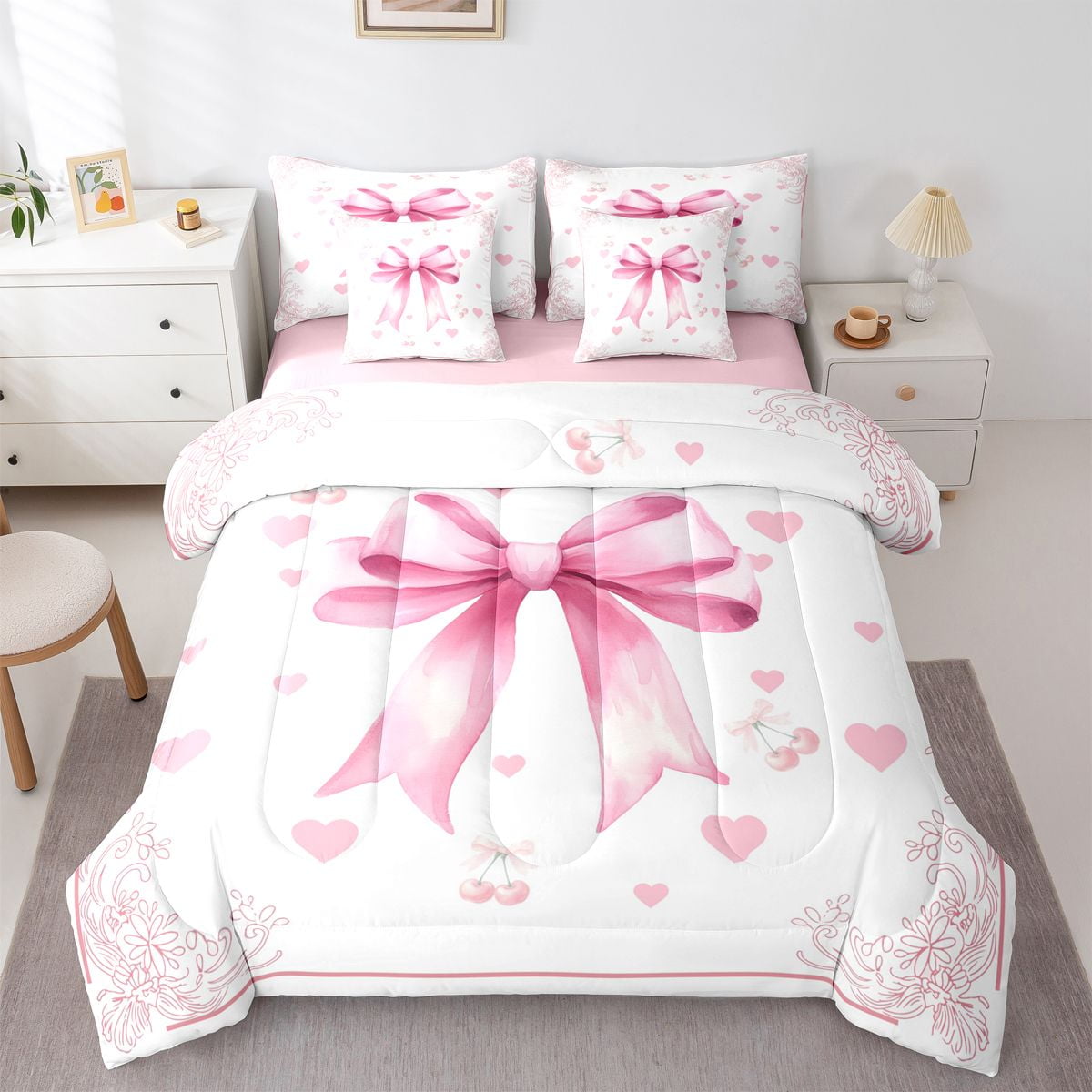 Homewish Cute Cartoon Bow Bedding Comforter Set 7-Piece for Teens ...