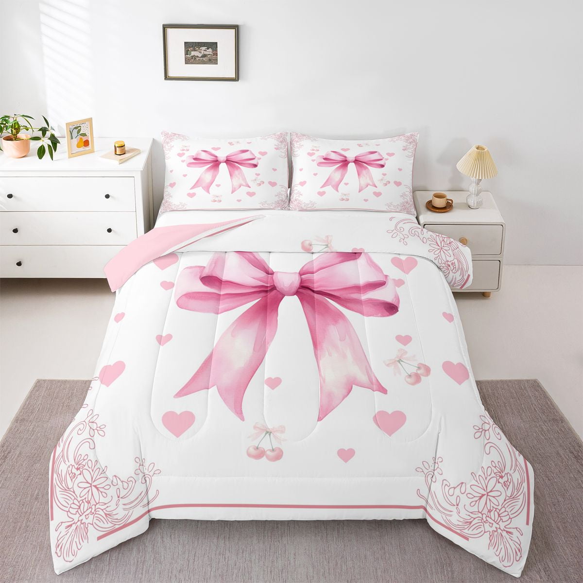 Homewish Cute Cartoon Bow Full Size Comforter Sets for Teens, White ...