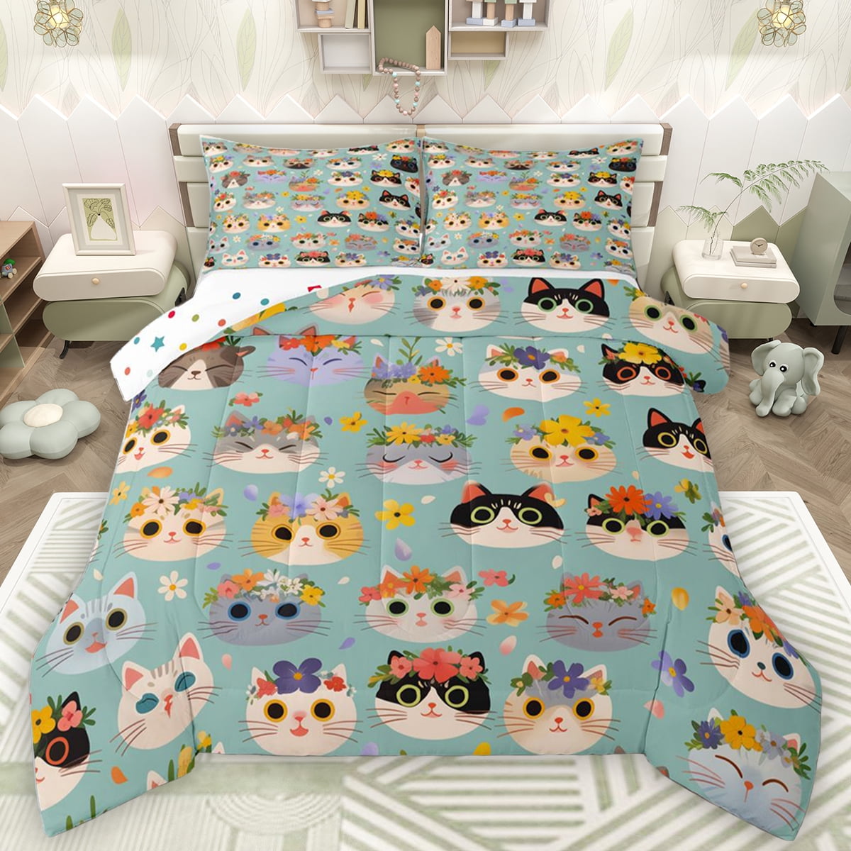 Homewish Cute Cartoon Cat Queen Comforter Set,Colorful Flower Blossom ...
