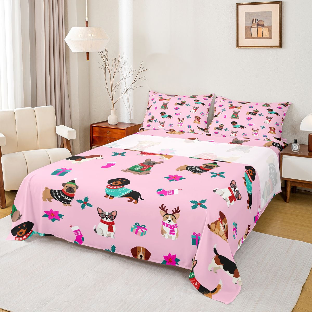 Homewish Cute Cartoon Dachshund Full Size Sheets for Kid, Kawaii Xmas ...