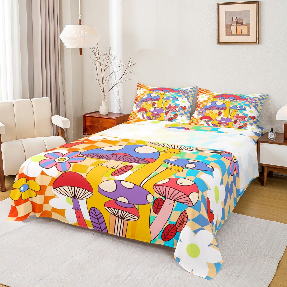 Homewish Cute Cartoon Daisy Full Size Sheets,Colorful Fungus Mushroom ...