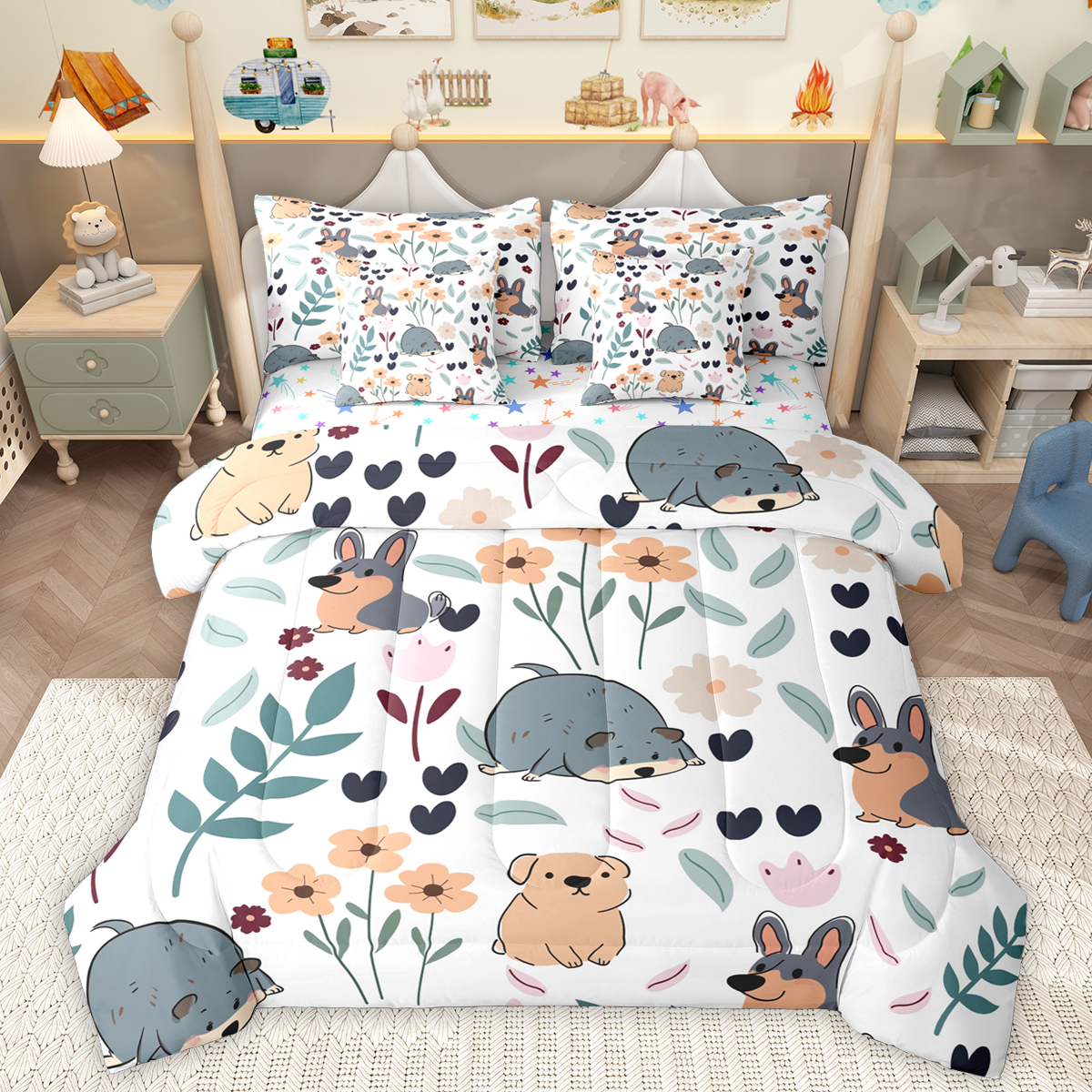 Homewish Cute Cartoon Dogs 7-Piece Bedding Comforter Set,Kawaii Pet ...