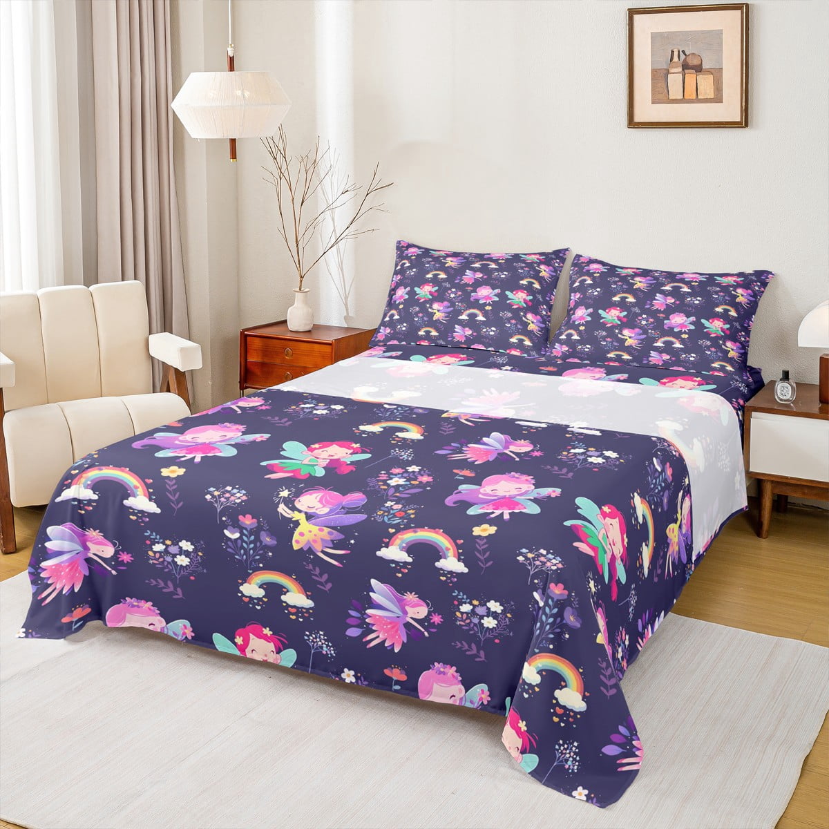 Homewish Cute Cartoon Elf Queen Sheet Sets,Colorful Rainbow Flat Sheet ...