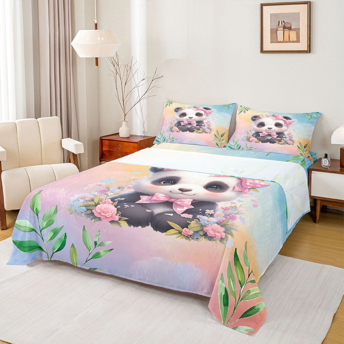 Homewish Cute Cartoon Panda Full Size Sheets,Kawaii Polka Dots Bowtie ...
