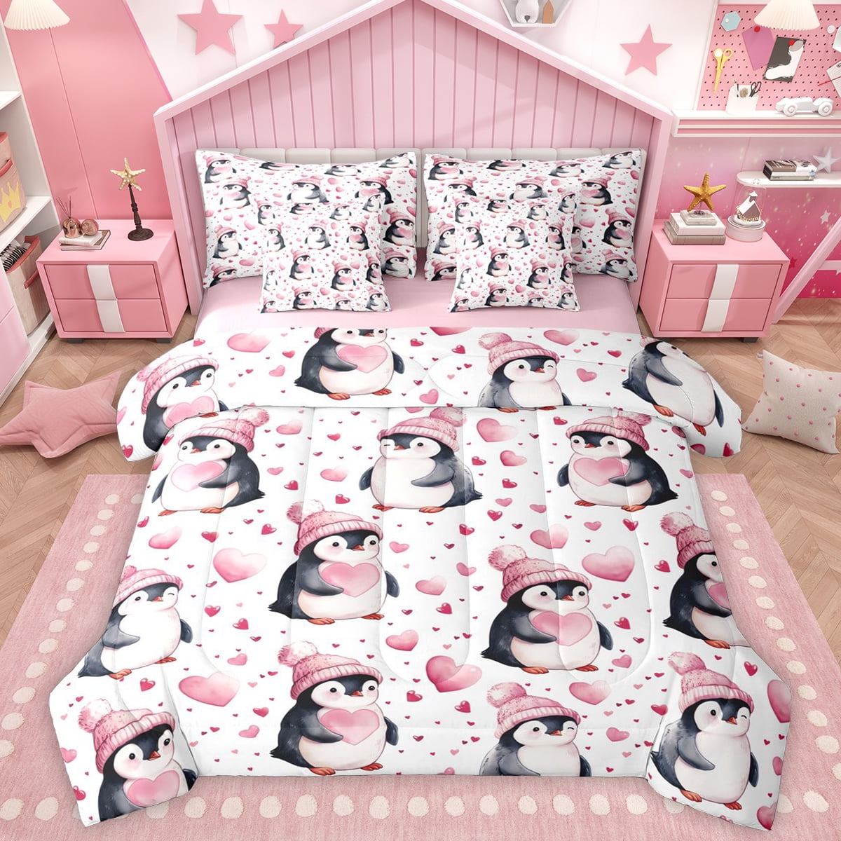Homewish Cute Cartoon Penguin 7-Piece Bedding Comforter Set,3D Loves ...