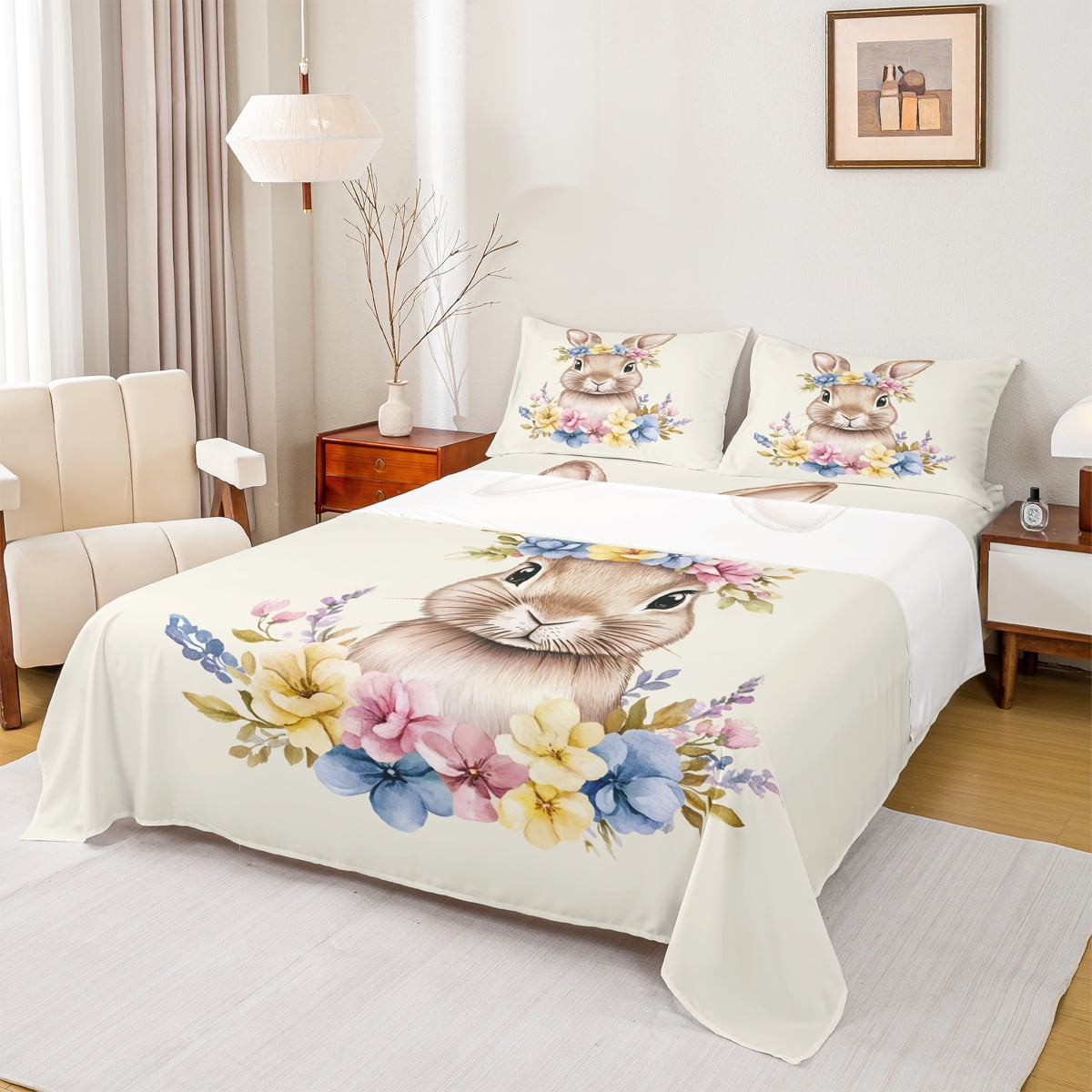 Homewish Cute Cartoon Rabbit Queen Sheet Sets,Colorful Flower Floral ...