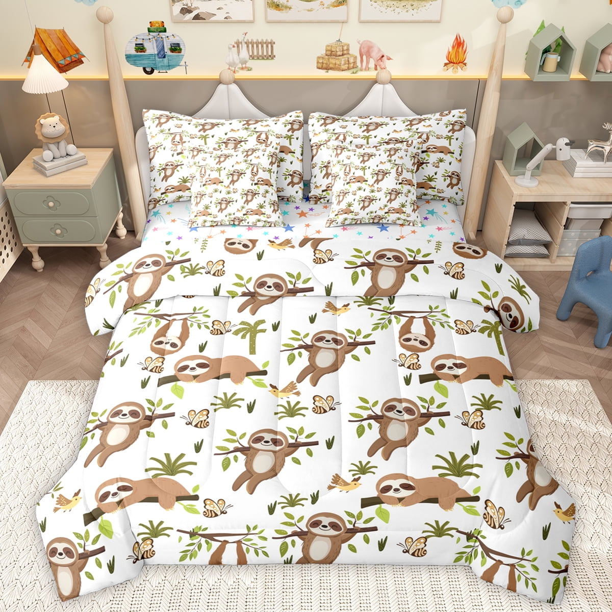 Homewish Cute Cartoon Sloth 7-Piece Bedding Comforter Set,Kawaii Bee ...